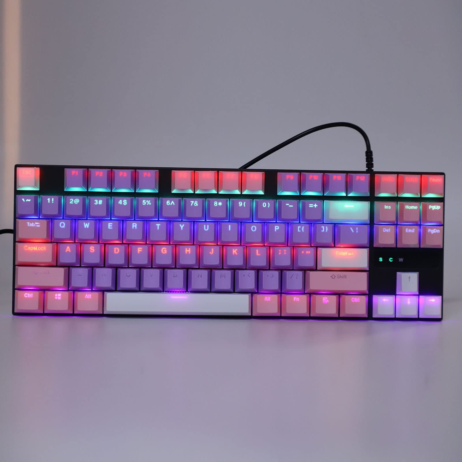 Septpenta Red Switch Mechanical Keyboard, 87 Keys Ergonomic Mechanical Gaming Keyboard, 26 RGB Lighting Effects, Full Key Conflict Free Design with Splash Proof Drainage Holes(Purple Pink White)