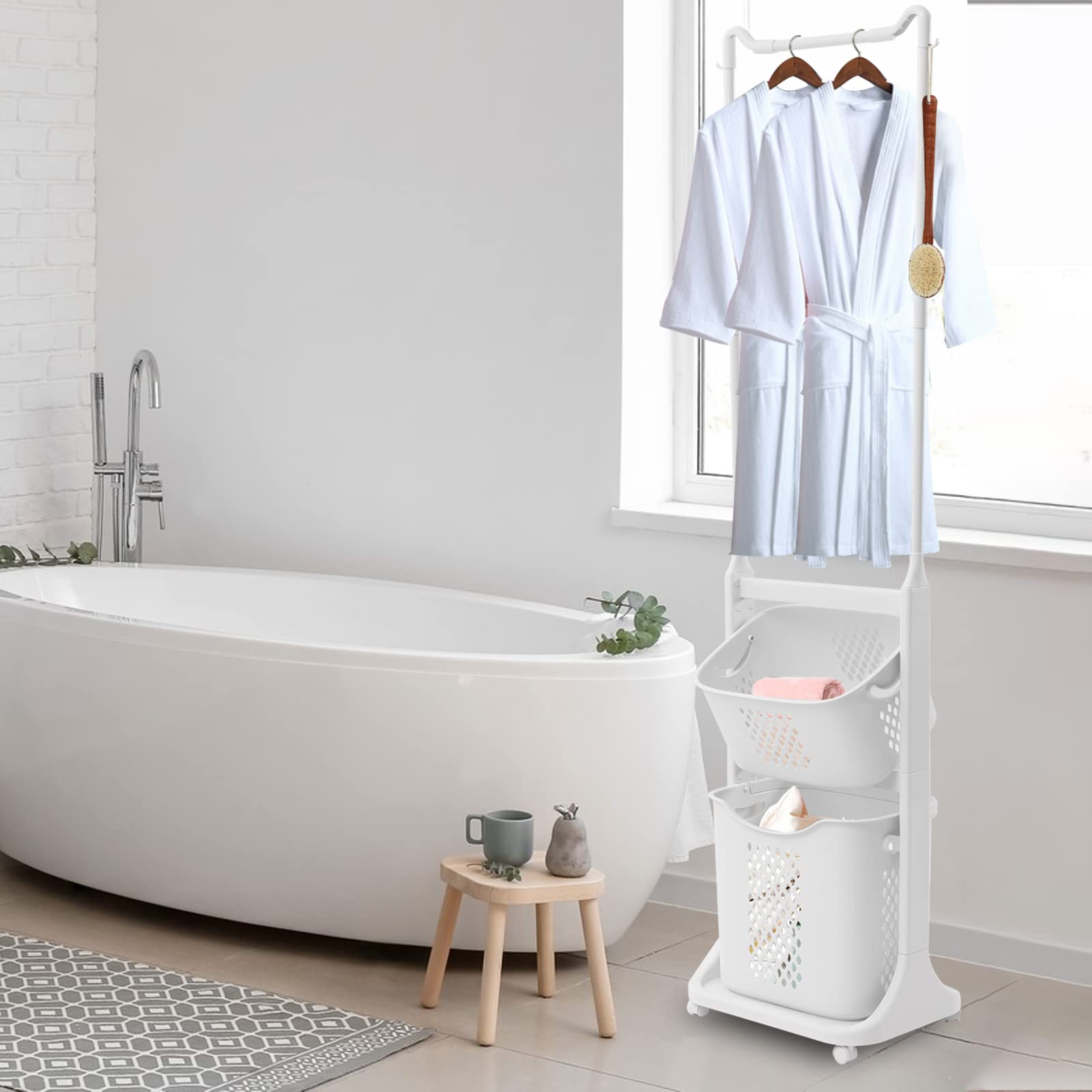 Sootvp Rolling Laundry Hamper Cart with Wheels and Hanging Bar, 2 Tier Rolling Laundry Basket Laundry Basket Organizer,Laundry Sorter for Laundry Bedroom Bathroom w/ 2 Removeable Baskets