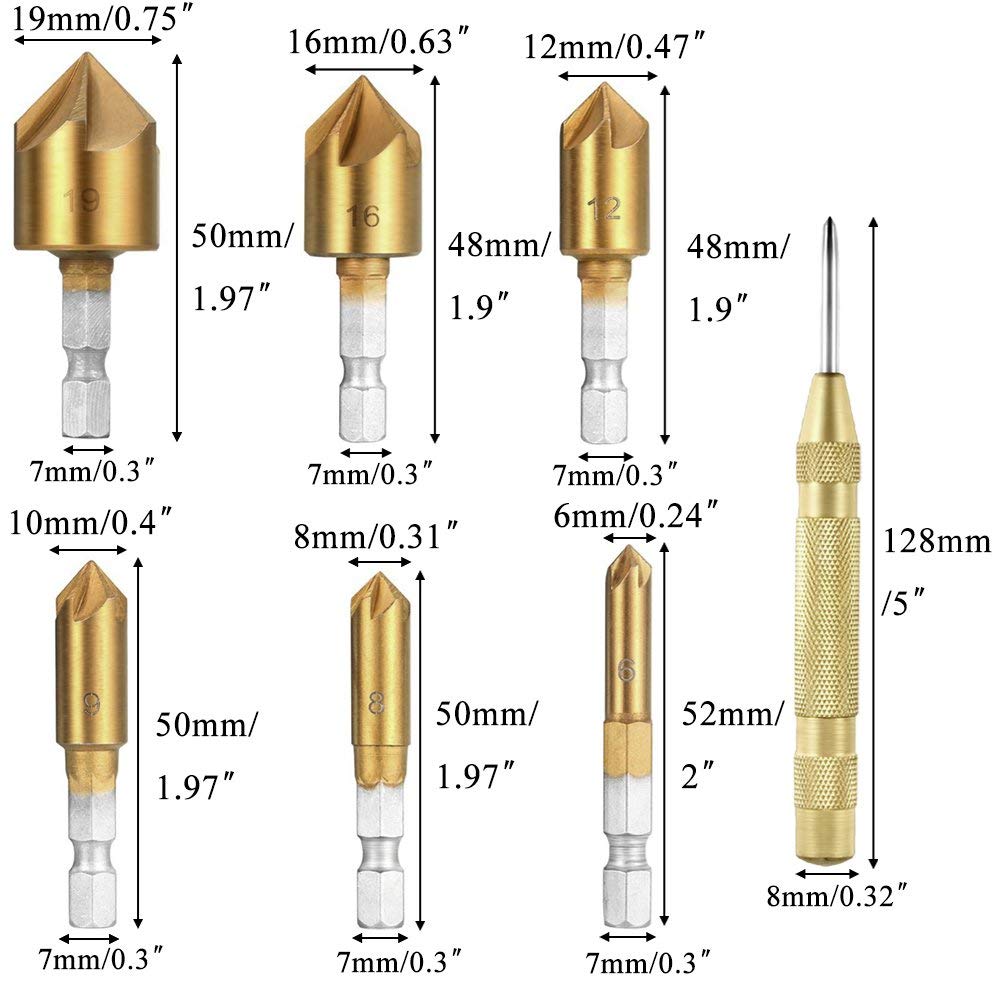 Rocaris 23-Pack Woodworking Chamfer Drilling Tool, 6pcs 1/4" Hex 5 Flute 90 Degree Countersink Drill Bits, 7pcs Three Pointed with L-Wrench, 8PCS Wood Plug Cutter, and Automatic