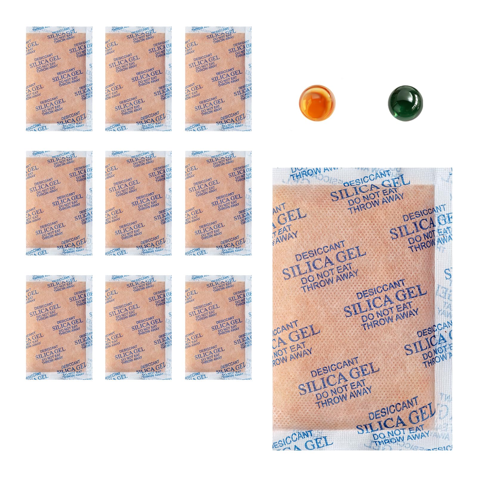 WENAI 100 Gram [10 Packs] Silica Gel Packets, Rechargeable Desiccant Packets with Orange Color Indicating, Safe Silica Gel for Storage, Silica Packets for Moisture Control