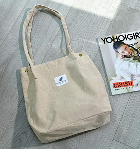 MODANA Corduroy Tote Shopping Bag with Interior Pocket, Reusable Washable and Ecofriendly, Perfect Totes for Shopping Travelling School and So on (Beige)