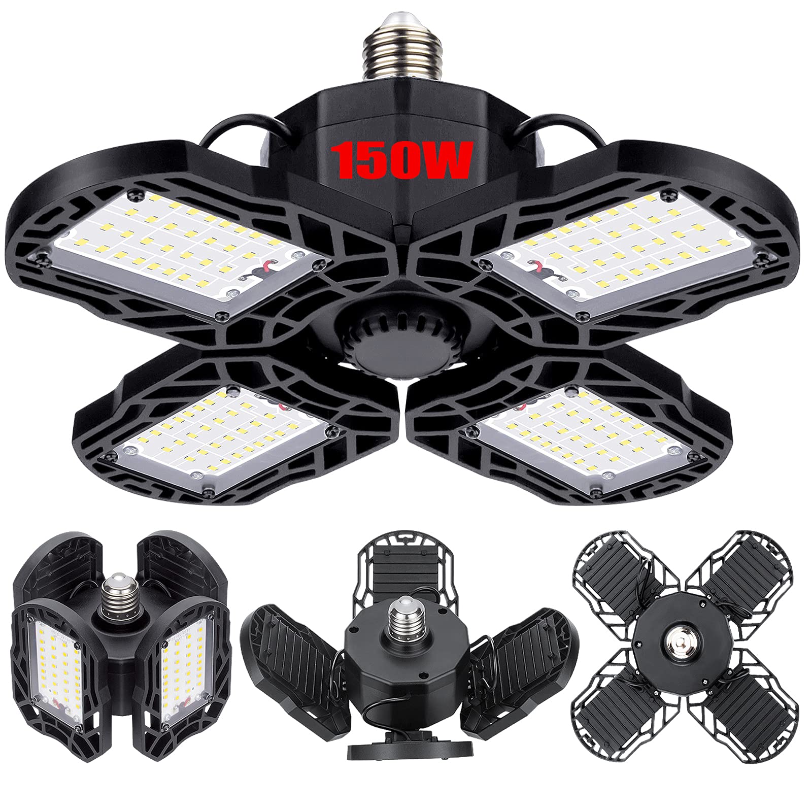 LED Garage Light 150W, New 4 Panels Deformable LED Garage Lights,15000 Lumen Quadruple Glow LED Garage Light, 6000K Retractable E26/E27 Garage Ceiling Light for Basement, Barn, Warehouse (1PACK)
