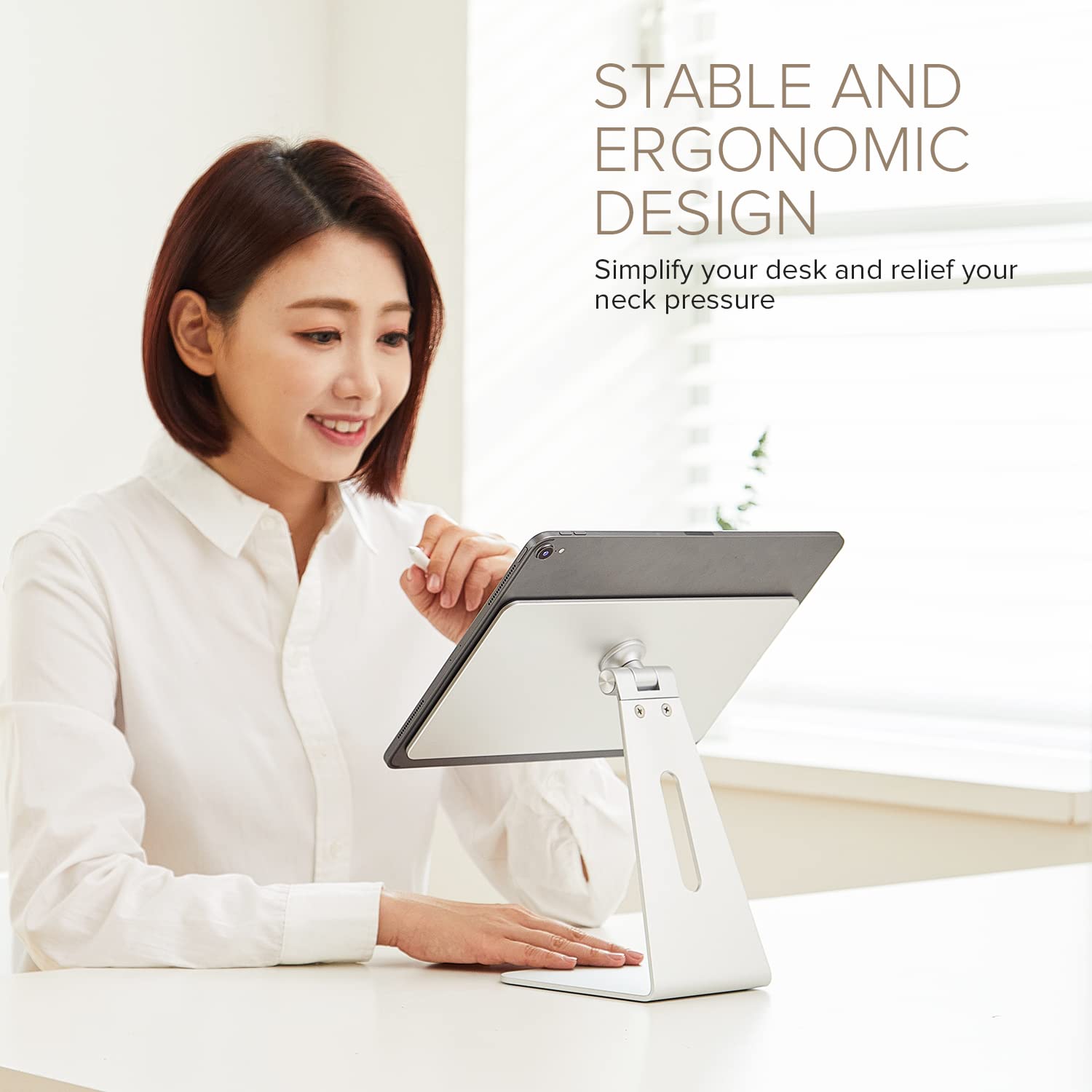 POUT E11 - Magnetic iPad Stand - Adjustable 360° Rotation Landscape/Portrait Portable Holder - Compatible w/Apple iPad Pro 12.9" 3rd/4th/5th/6th Gen