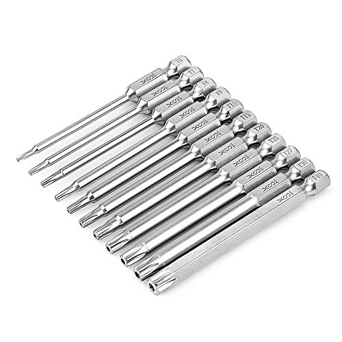 Screwdriver Bit Set Torx, 11 Pcs 1/4 Inch Hex Shank T6-T40 Magnetic S2 Steel Torx Security Head Screwdriver Drill Set Bits with Case (3 Inch Length)