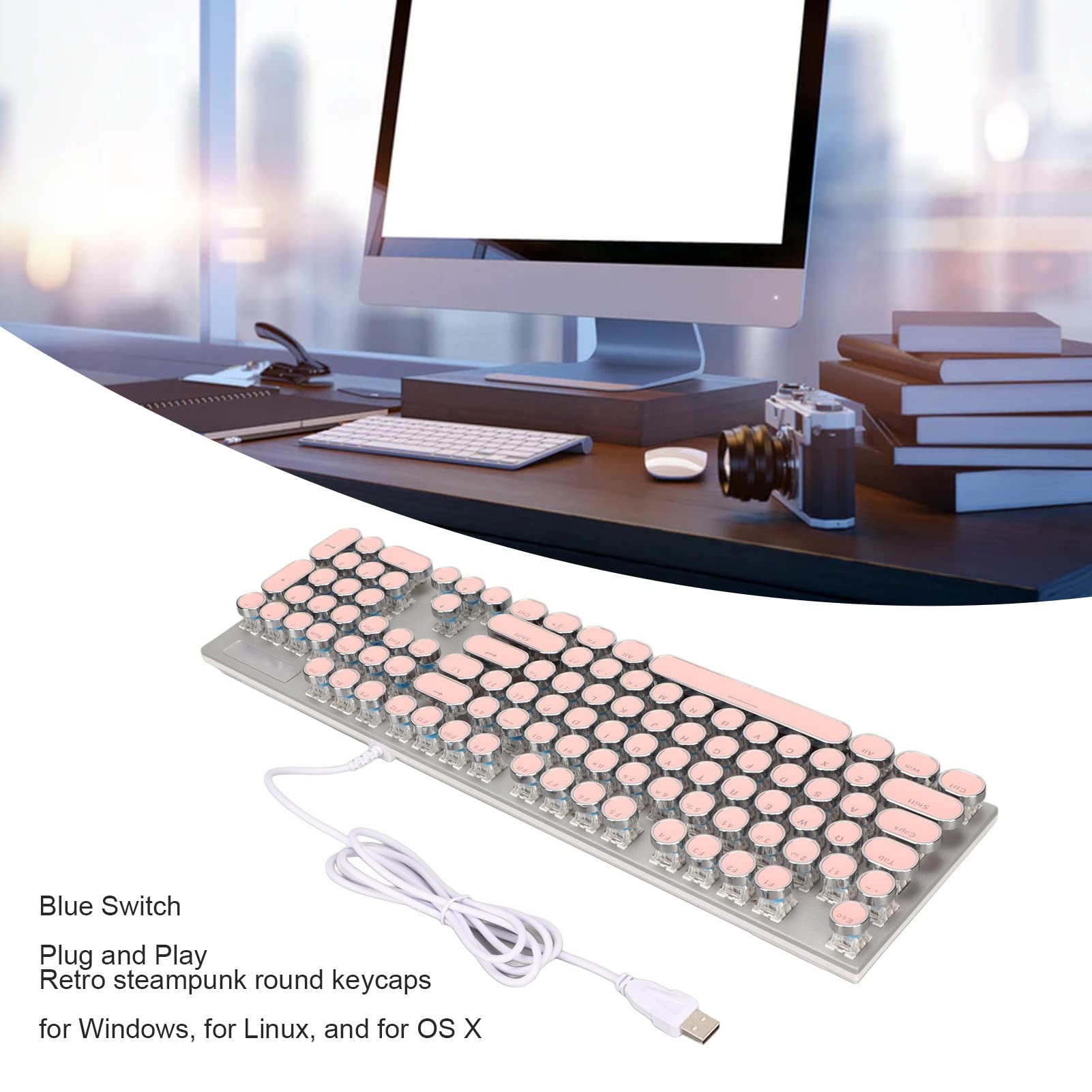 Pomya 104 Keys RGB Backlight Mechanical Keyboard, Retro Steampunk Round Gaming Keyboard, Blue Switch Ergonomic Mechanical Keyboard for Win, for Linux, for OS X(Pink)