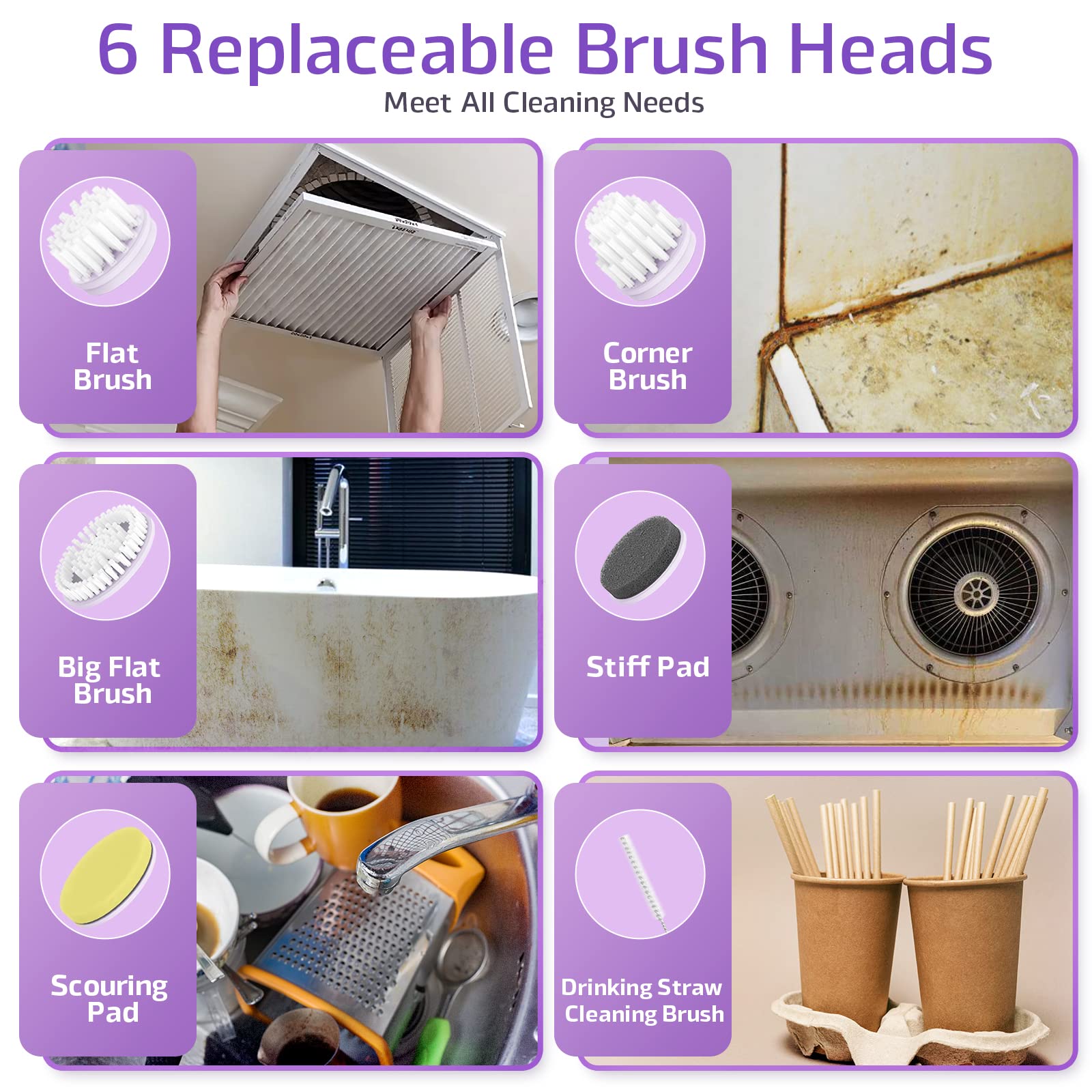 SUPREUN Electric Spin Scrubber Cordless - Electric Cleaning Brush for Bathroom,Power Shower Scrubber Cleaning with LED Display for Tub,Floor,Tile,Window,Kitchen,6 Replaceable Brush Heads,Dual Speed