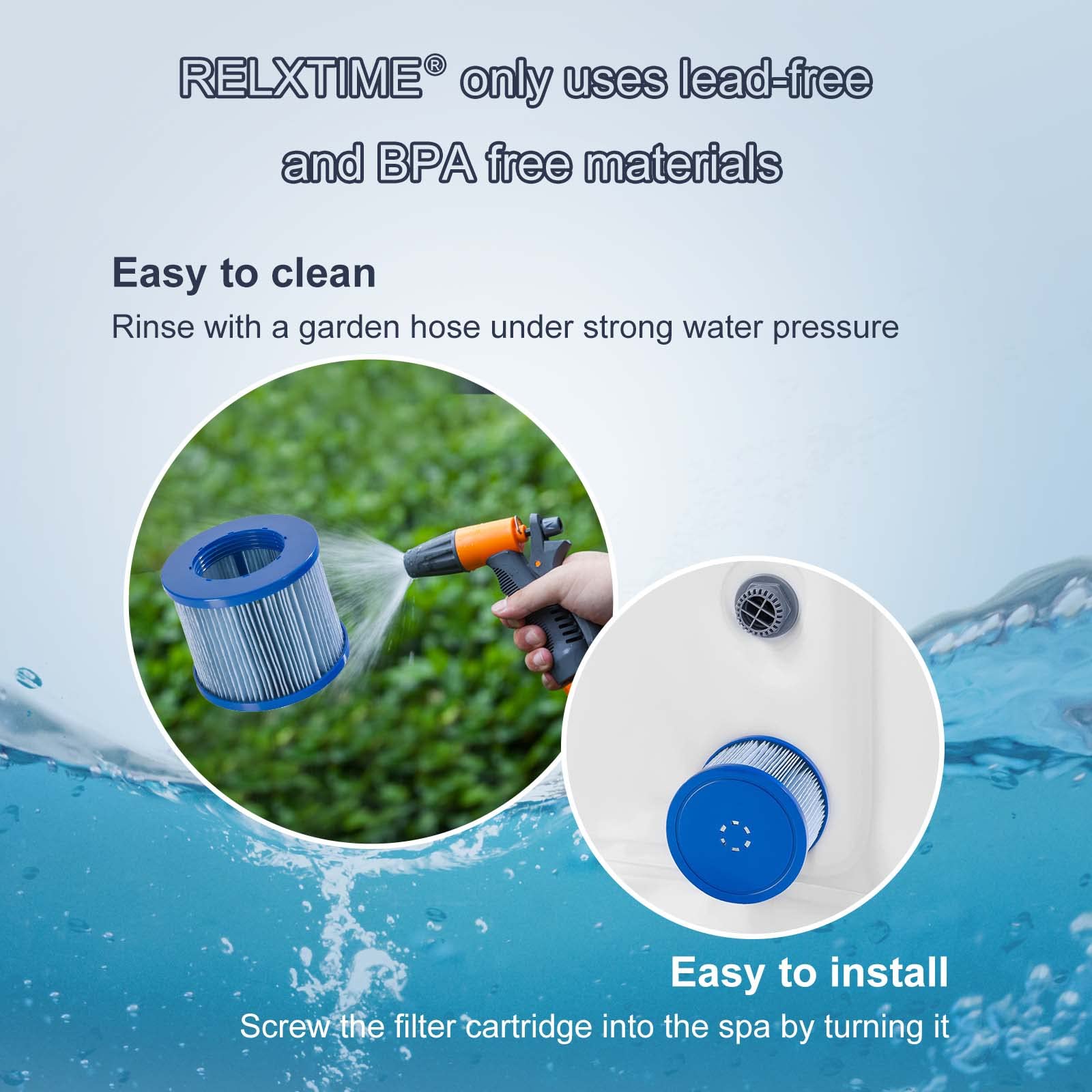 RELXTIME 6 Pack Blue Spa Filter Cartridges, Pool Hot Tub Filters Replacement, Filtration Inflatable Hot Tub