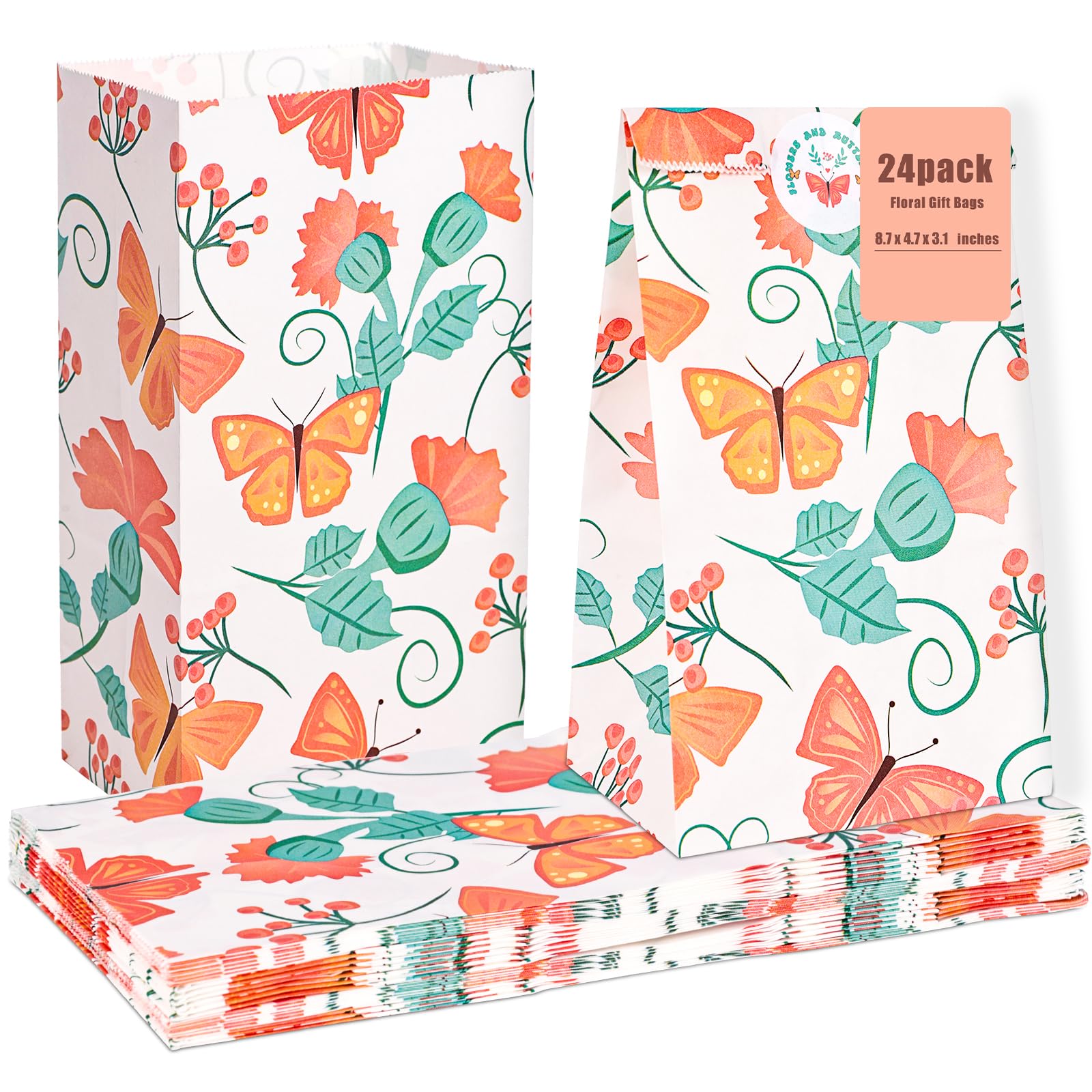 Shindel 24PCS Paper Gift Bags with Stickers, Butterfly Candy Bags Floral Treat Bags Party Favor Goodie Bags for Women Girls Birthday Party Tea Party