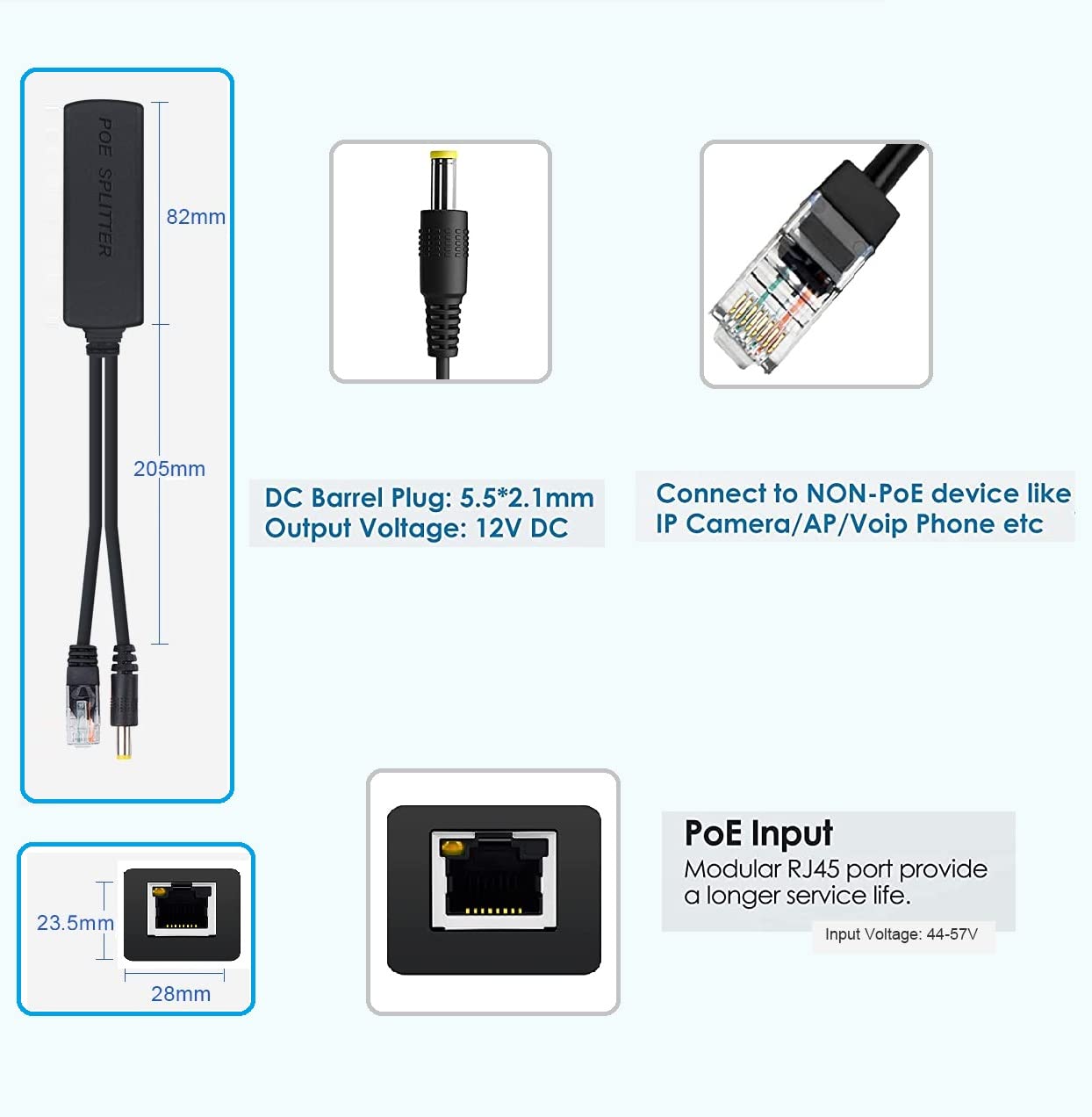 PoE Splitter 48V to 12V, Active POE Splitte Over Ethernet Splitter Network Adapters, IEEE 802.3AF Compliant 10/100Mbps, DC 12V Output, for Surveillance Camera AP VoIP Phone