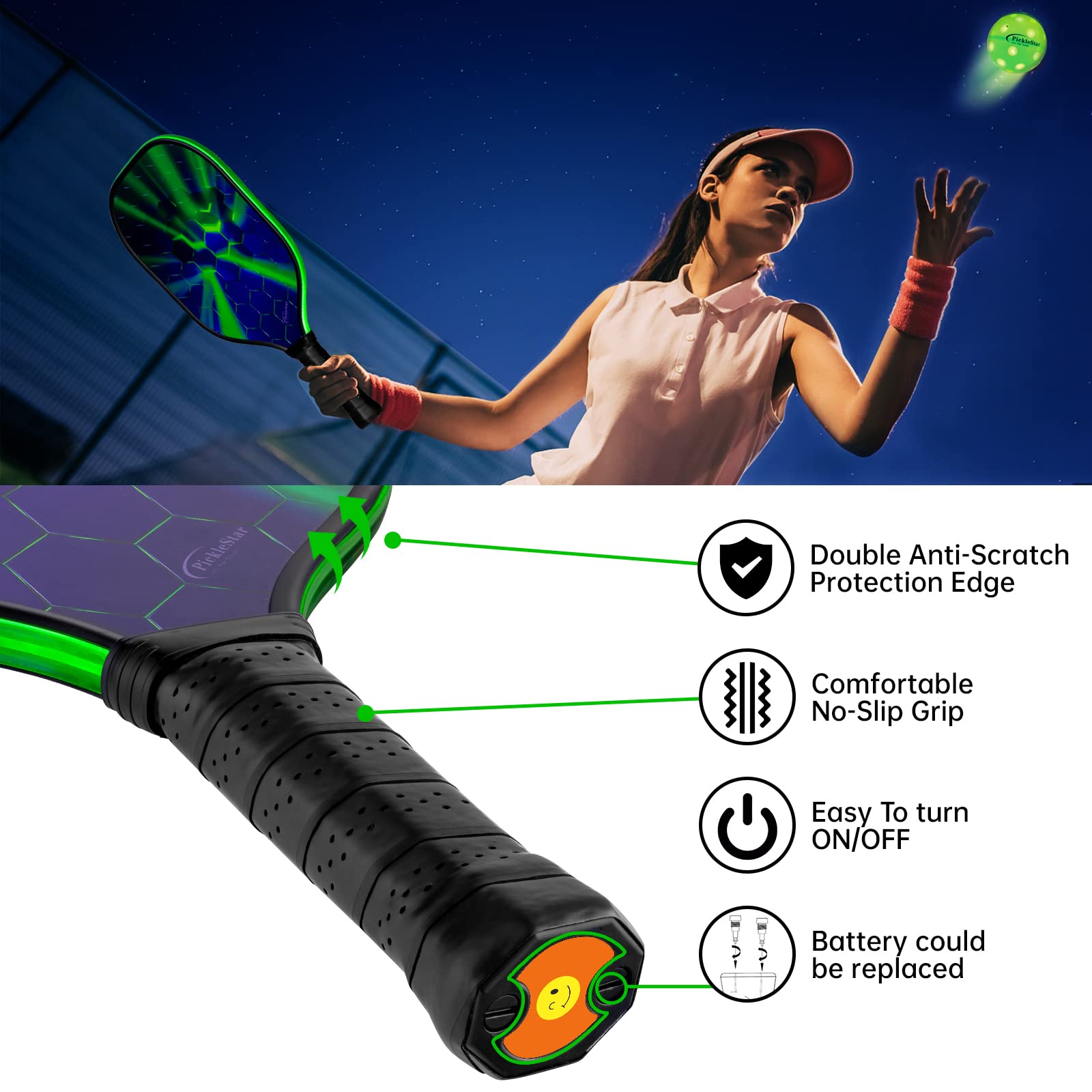 PickleStar LED Light Up Pickleball Paddles with Graphite Carbon Fiber Face and Honeycomb Polypropylene Core,Set of 2, 10 Batteries Included,Gift for Pickleball Lovers