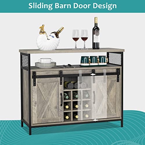 VINGLI Farmhouse Barn Door Buffet Sideboard Accent Storage Liquor Cabinet w/Removable 9-Bottle Wine Rack, Rustic Wine Cabinet Home Bar Furniture for Kitchen Dining Room (Wash Grey)