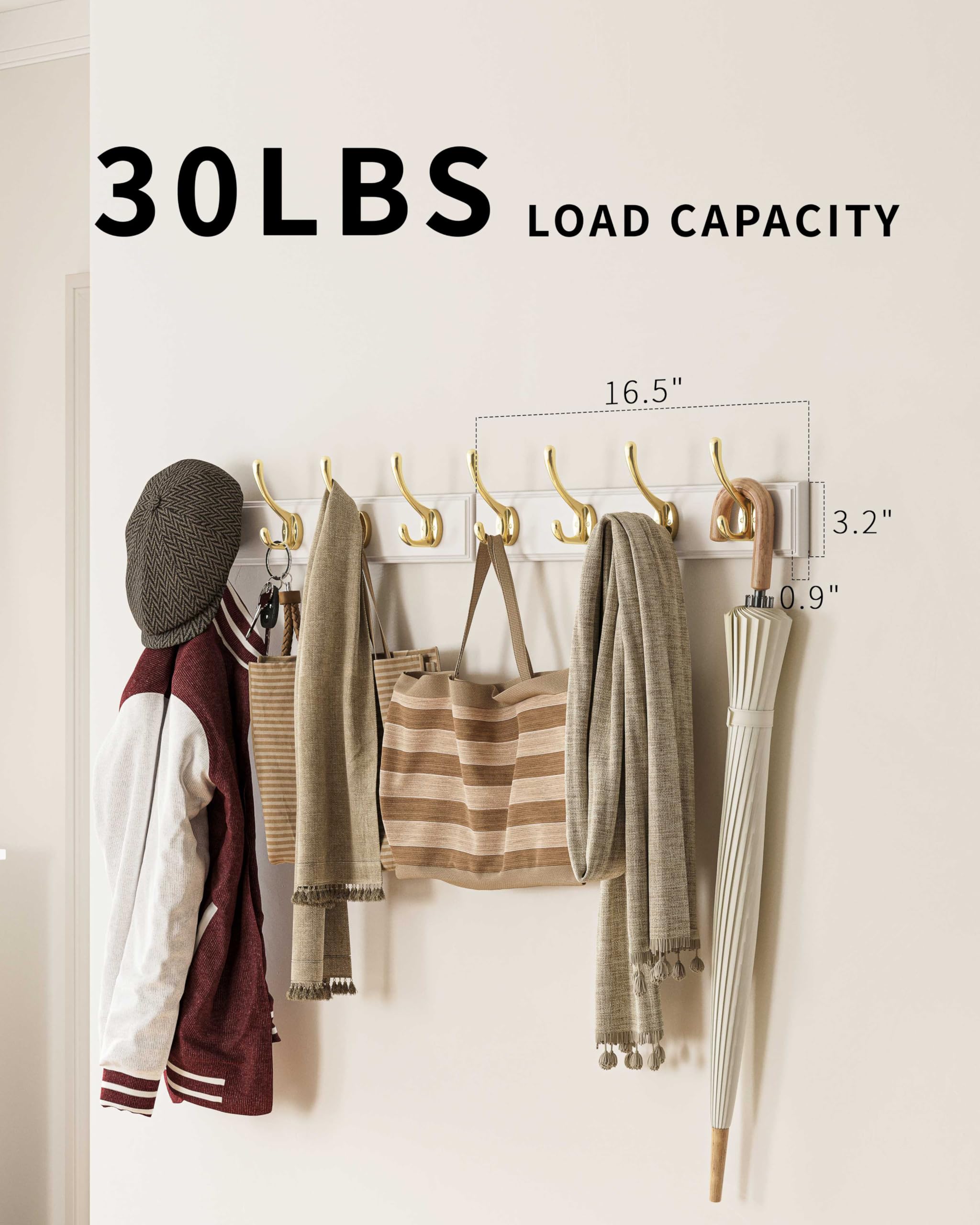 Seocry Coat Rack Wall Mount, 4 Pack 16.5 Inches Wall Hook Rack, White Coat Hanger Wall Mount with Gold Hooks for Backpack, Hat, Towel, Key, Door, Entryway(White Gold, 16.5 Inches)