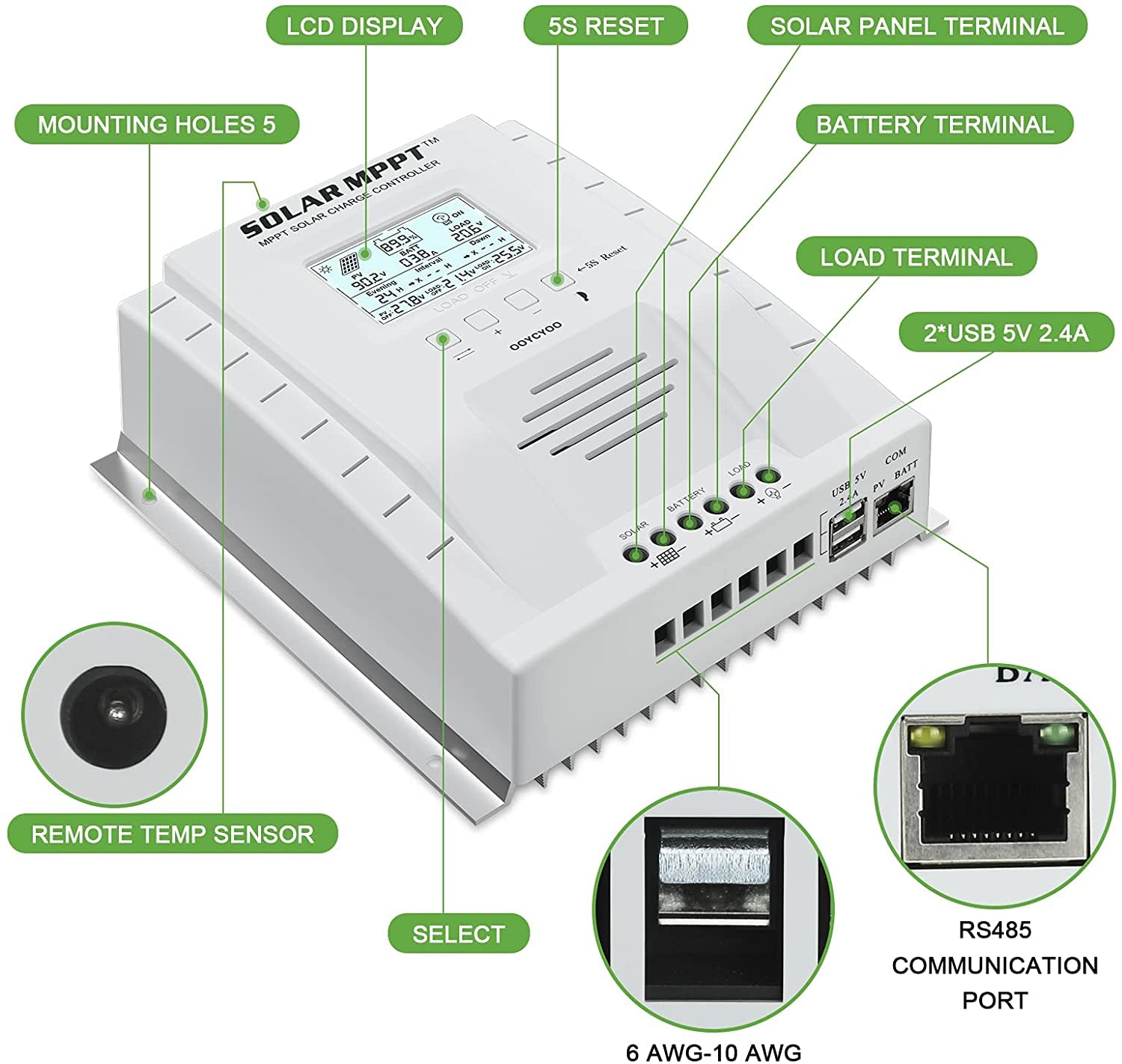 OOYCYOO MPPT Charge Controller 60 amp, 12V 24V Auto 60A Solar Panel Charge Regulator, Max 100V Input with LCD Display for Lead-Acid Sealed Gel AGM Flooded Lithium Battery