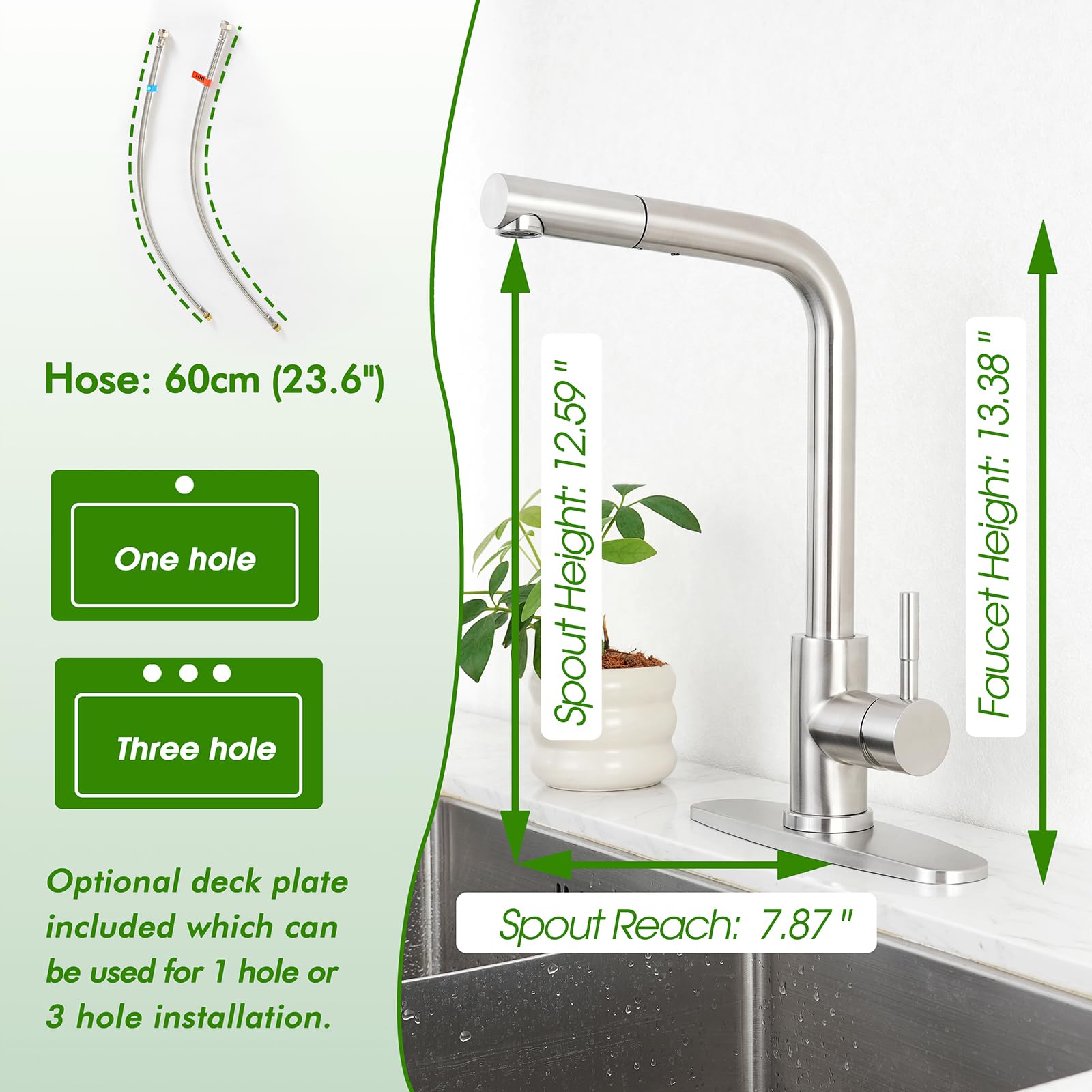 TRYWELL Kitchen Faucets with Pull Down Sprayer Stainless Steel Kitchen Sink Single Handle Utility Faucet Modern Brushed Nickel Faucet and Deck Plate for Kitchen Bar Camper RV