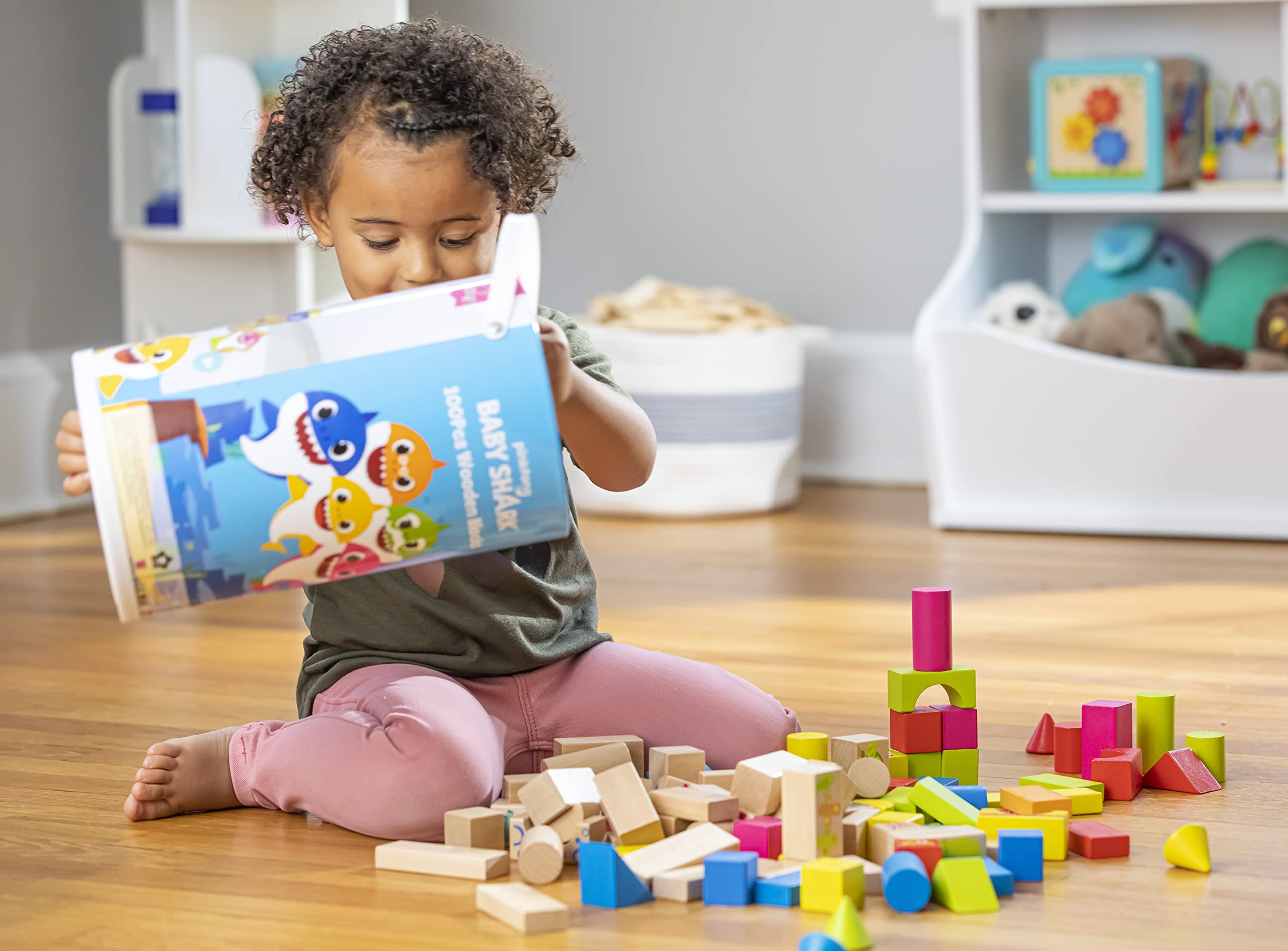 Pidoko Kids Baby Shark Toys - Wooden Blocks 100 Pcs - Includes Storage Container - Building Blocks Set for Toddlers