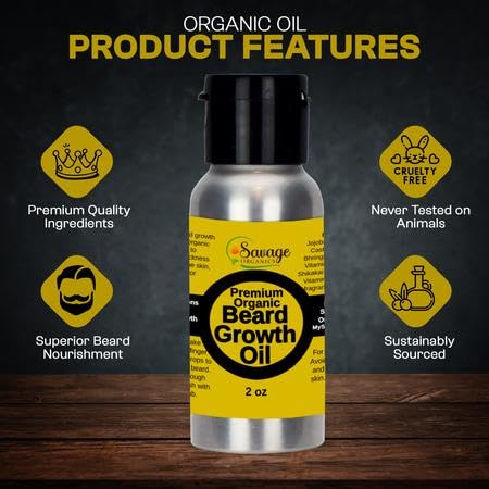 Savage Organics - Premium Organic Beard Growth Oil: Nourishing Beard Growth Serum, Infused with All-Natural Organic Ingredients to Boost Beard Growth - 2 oz Bottle