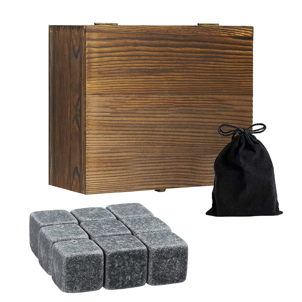 Pack of 9 Whiskey Stones Gift Set Reusable Ice Cube Whiskey Rocks with Wooden Gift Box and Storage Carrying Pouch (Gray)