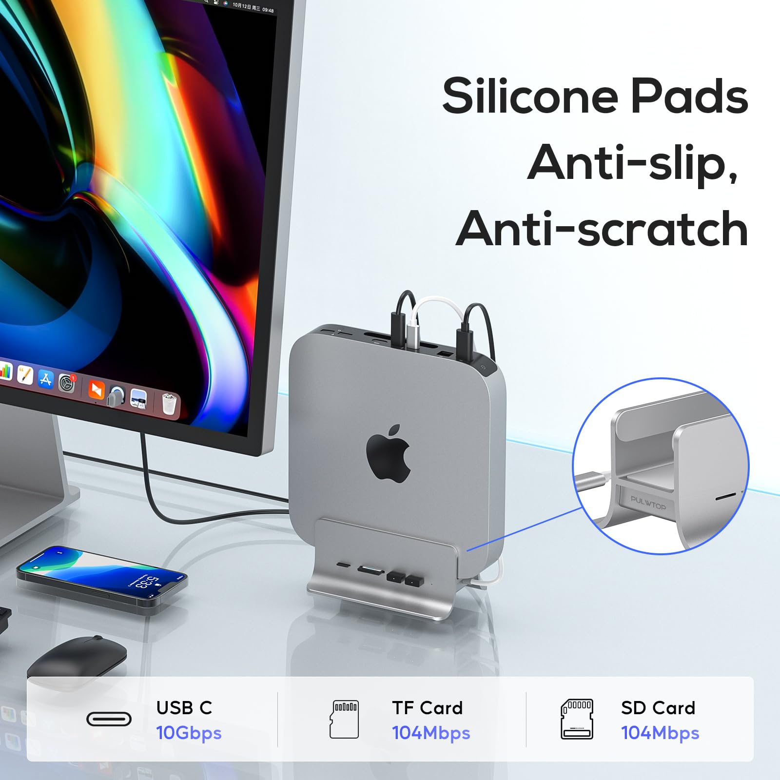 PULWTOP USB C Hub for Mac Mini, 5 in 1USB Hub Adapter Support M.2 NVMe SSD Expand, Docking Station with 2 USB C 10Gbps, SD/TF Card Reader, M.2 SSD (Not Included)