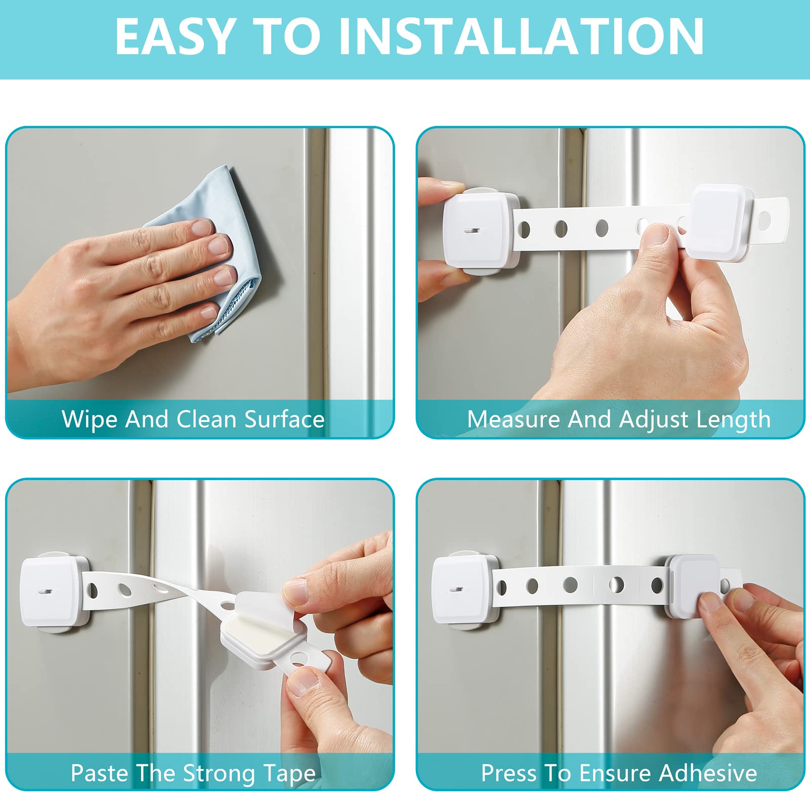 Pugala Safer Version Child Safety Strap Lock, Double Lock Option Fridge Lock for Baby, Self Adhesive Child Proof Cabinet Latch, No Drilling Child Proof Product for Cabinet Lock(White - 12PCS)