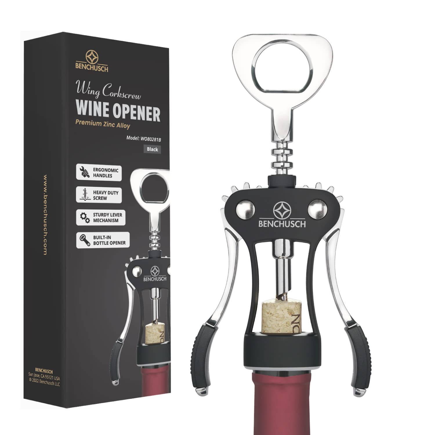 Manual Wine Opener - Multifunctional Zinc Alloy Premium Wing Corkscrew Wine Bottle Opener - Built-In Beer Cap Openers Accessories - Used In Kitchen, Restaurant & Bar (Black)