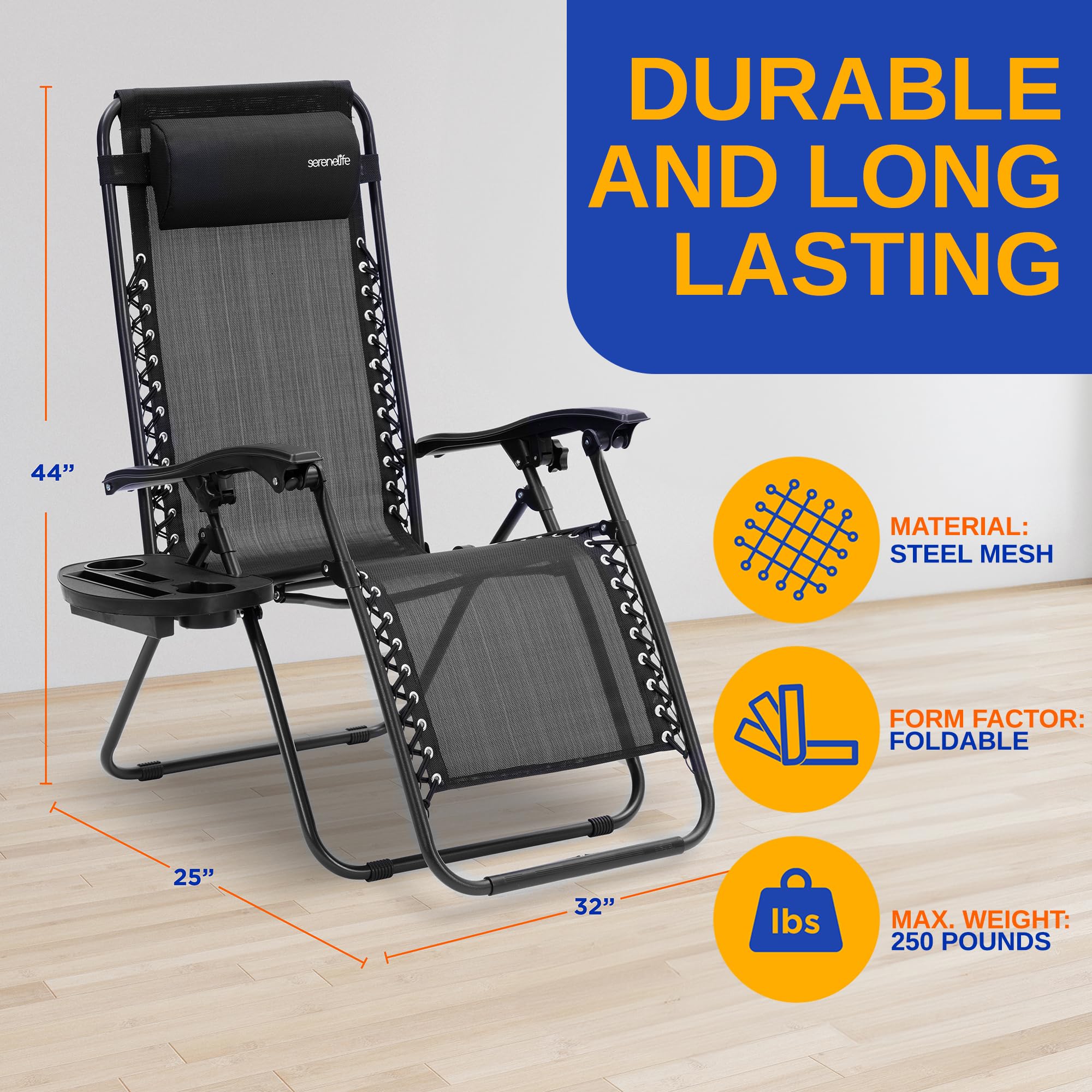 SereneLife Zero Gravity Chairs Set of 2 - Adjustable Steel Mesh Lawn Chairs - Outdoor Lounge Chairs with Detachable Cup Holder Tray - Foldable Outdoor Chair with Removable Pillows - Off Black