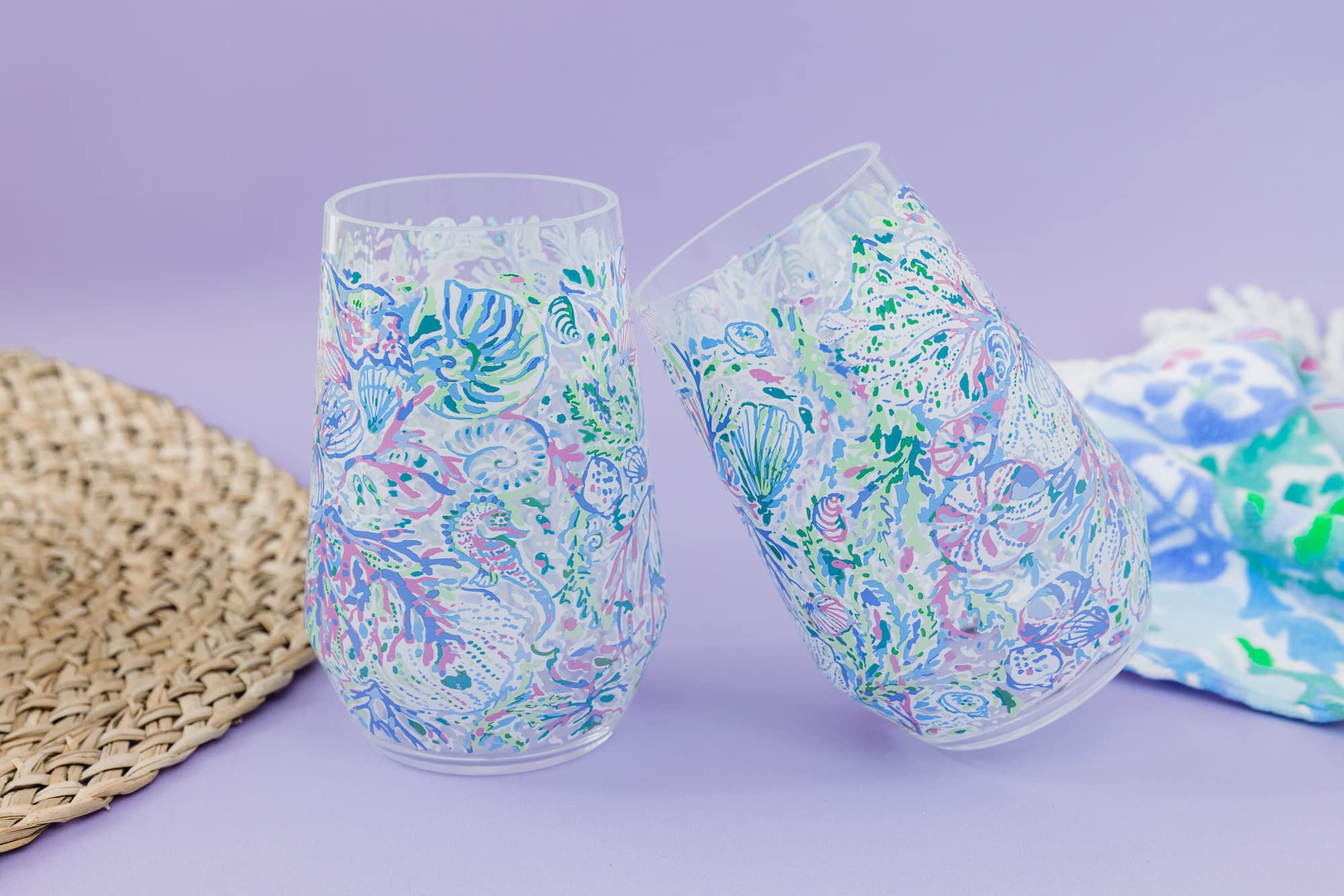 Lilly Pulitzer Stemless Wine Glass Set of 2, Large Acrylic Wine Glasses, 22 Ounce Plastic Cocktail Cups for Indoor/Outdoor, Soleil It On Me