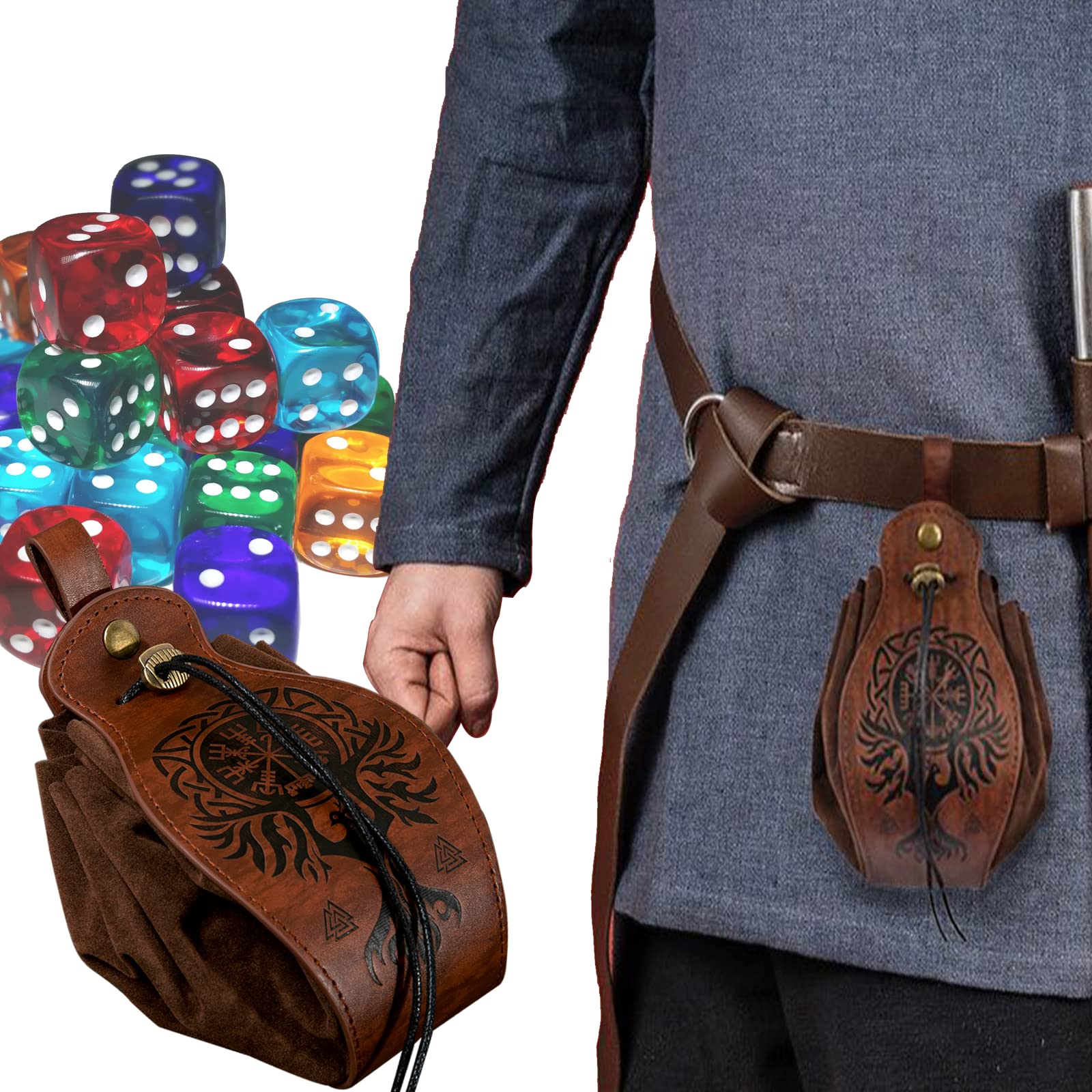 Ouzrpuo Dnd Accessories Dice Bag Portable Gift Dice Pouch Leather D&D Tray with Drawstring Bag Storage Bag for Coin, Dice, Key