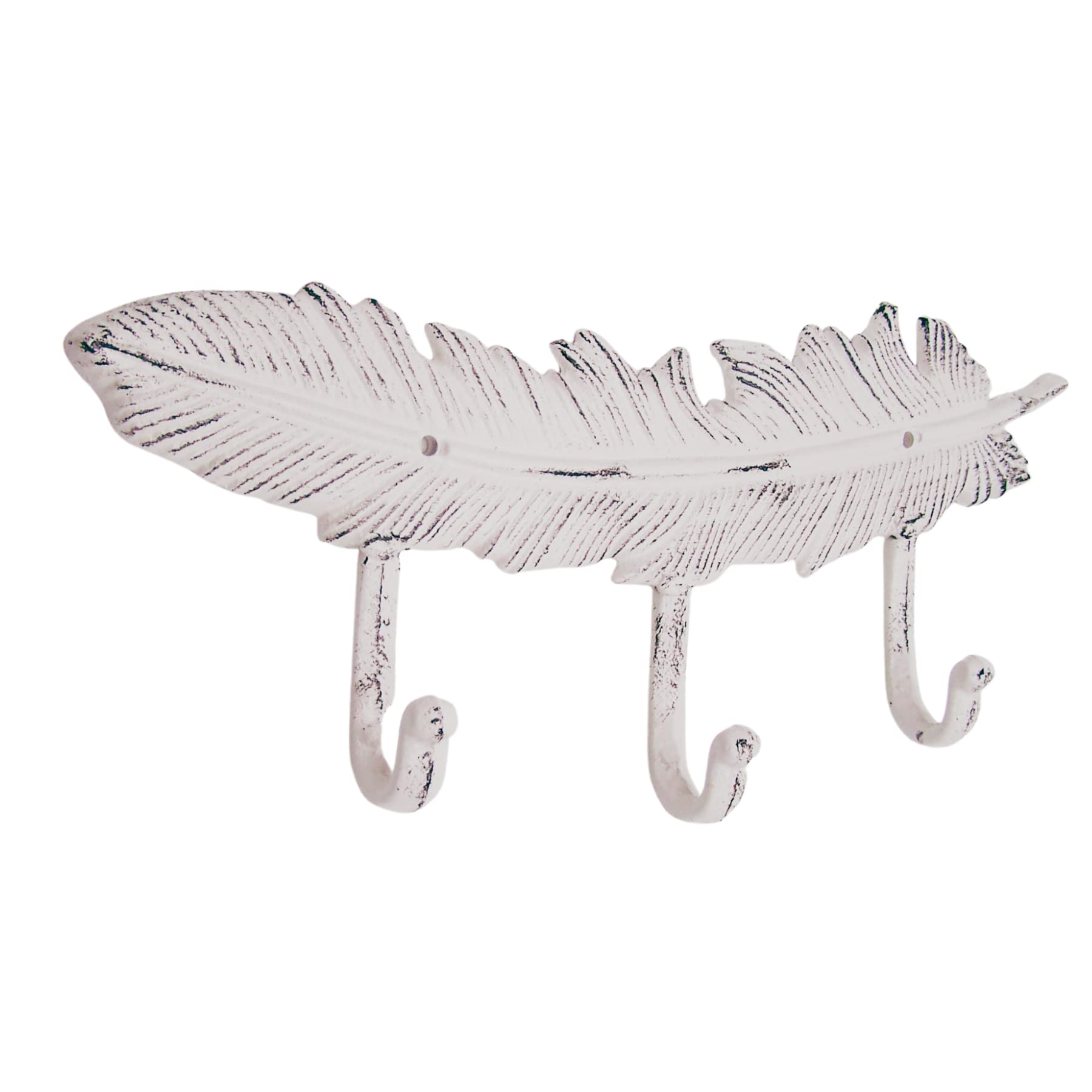Wowser White Distressed Feather Cast Iron Wall Hook, Unique Wall Décor, 3 Hooks, 13.25 Inches