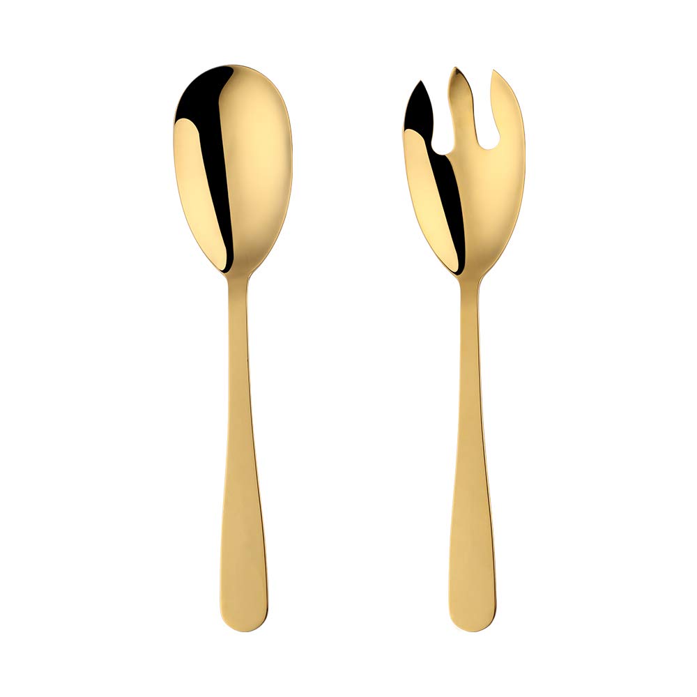 Mingcheng 12 Inches Stainless Steel Salad Server Sets with Salad Spoon and Fork, Cooking Utensils for Kitchen, Simple and Classic Dishwasher Safe(Gold)