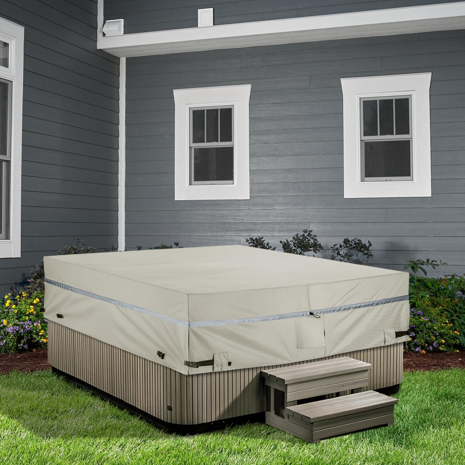 PatioGem Hot Tub Cover Protector, Outdoor SPA Covers for Hot Tub, Heavy Duty 600D Polyester Waterproof UV Protection Hot Tub Covers Replacement, Square SPA Cover Protector 95 x 95 x 20 inch, Grey