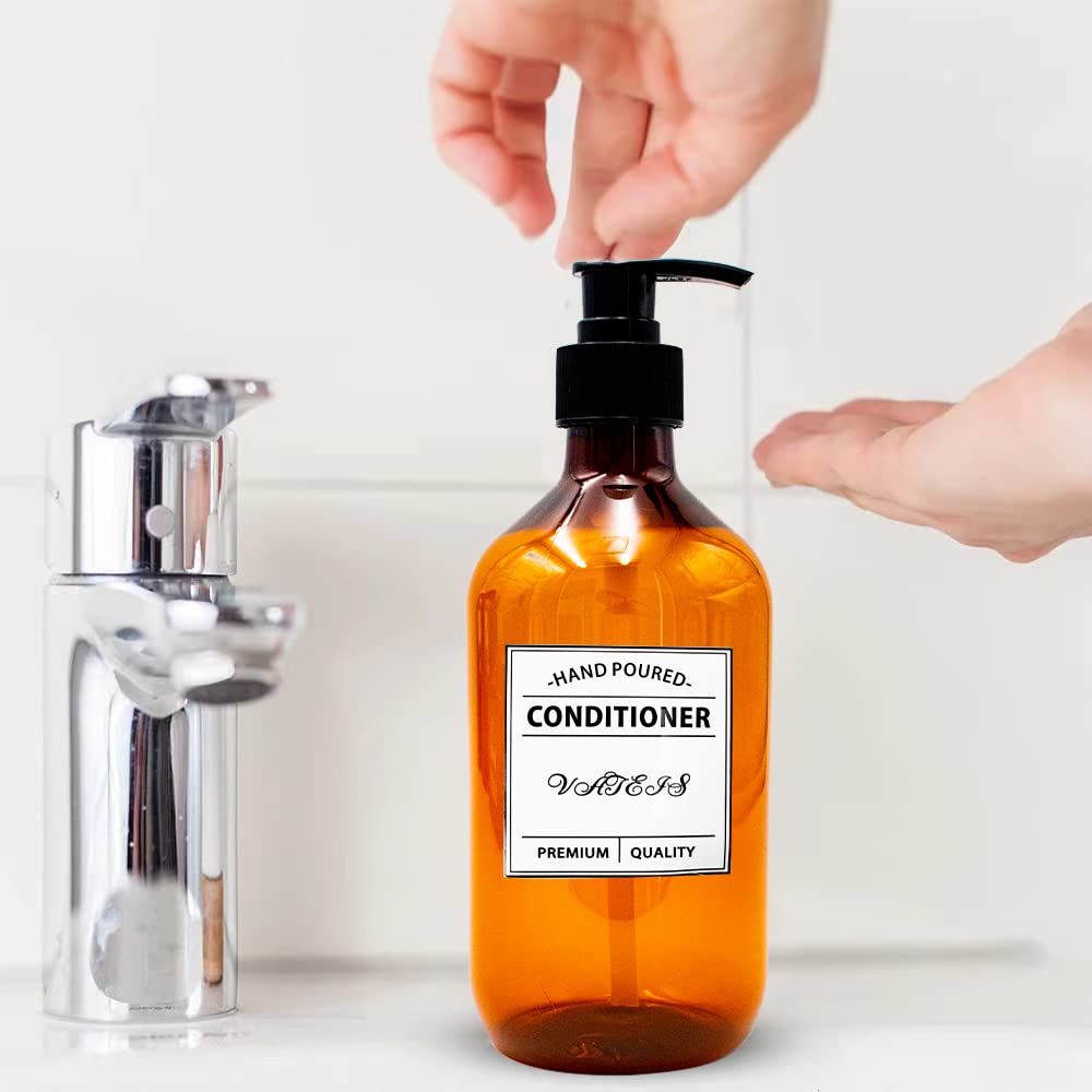 Pump Dispensers 2pack Large, 16 oz, Empty, Amber Plastic Bottles with Black Lotion Pumps Empty Plastic Refillable Lotion Soap Shampoo Bottles Dispenser