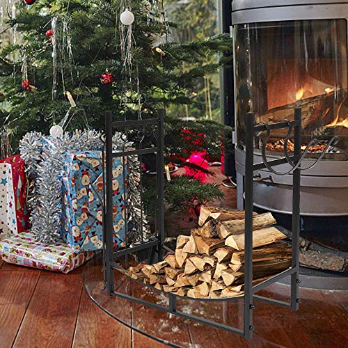 Outvita 30 Inch Firewood Rack with 4 Tools, Heavy Duty Iron Fireplace Wood Log Storage with Removable Kindling Holder for Indoor Outdoor Use Black