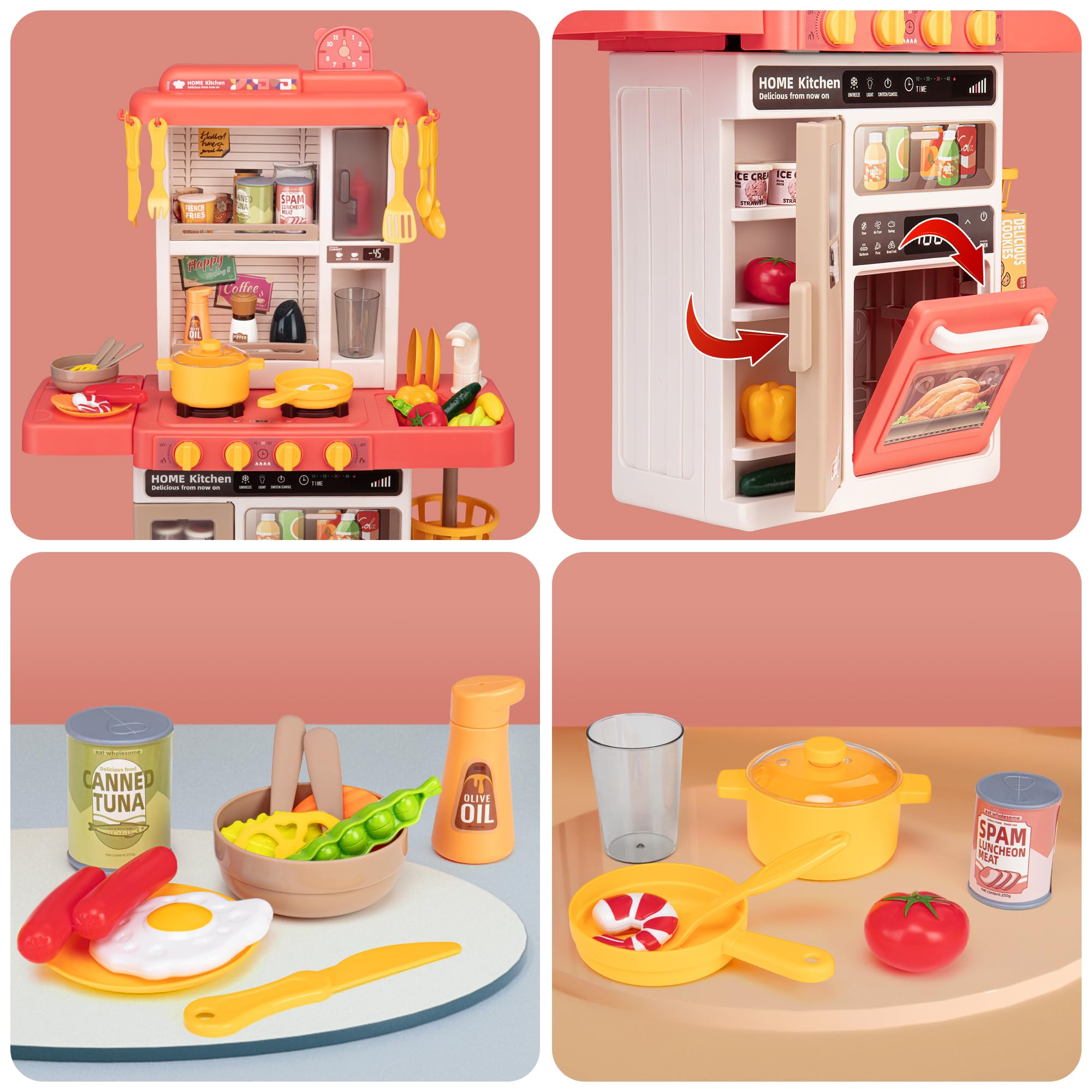 Kids Play Kitchen, Spraying Mist Kitchen Playset with 50+ Pcs Accessories for Toddlers, Interactive Toy Kitchen Set for Girls and Boys Aged 3 4 5 6 7 8 9, Red