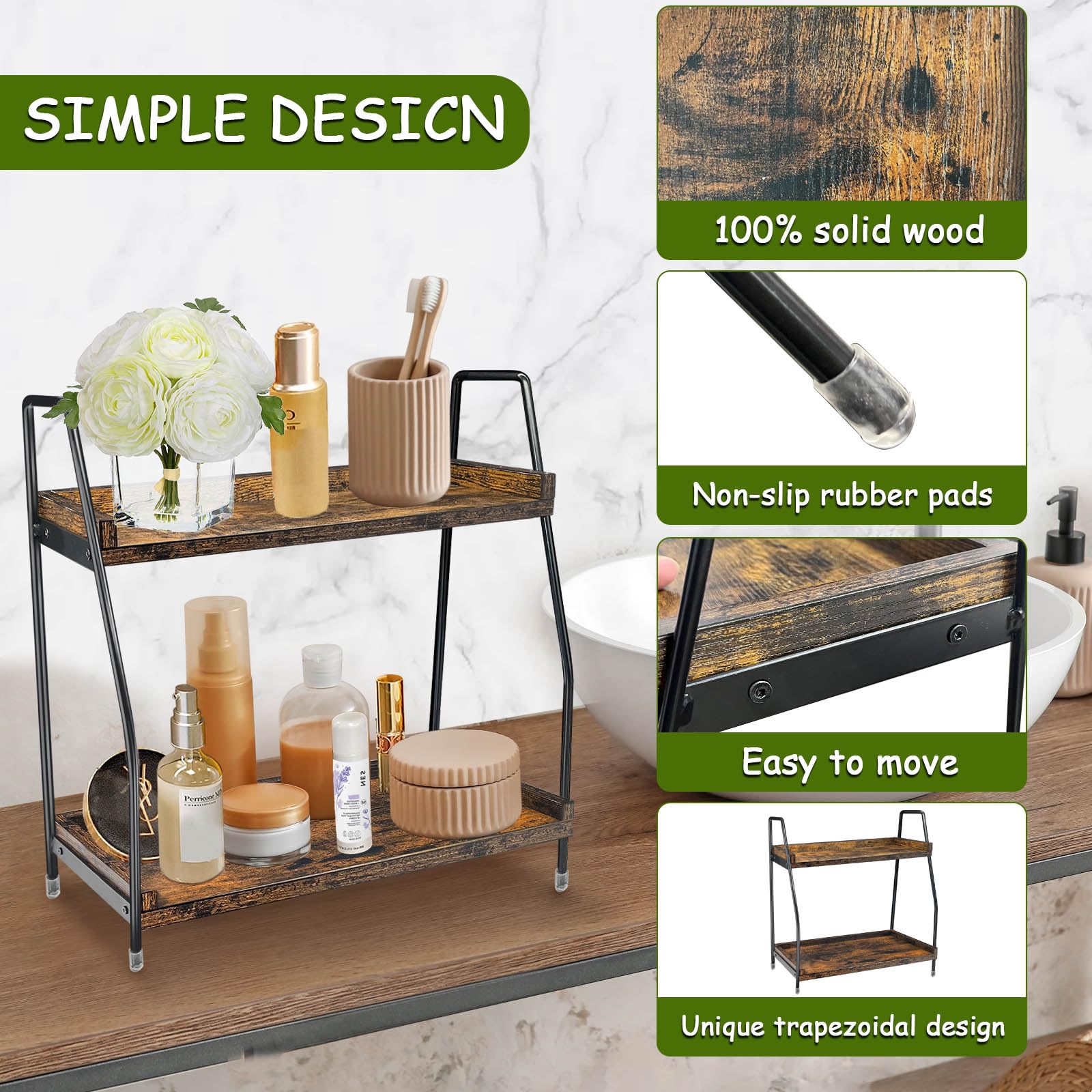 WOYAOHJK 2 Tier Bathroom Counter Organizer, Bathroom Shelf Organizer Countertop, Vanity Shelf Organizer, Wood Countertop Bathroom Storage and Organization for Kitchen. (Rustic Brown)