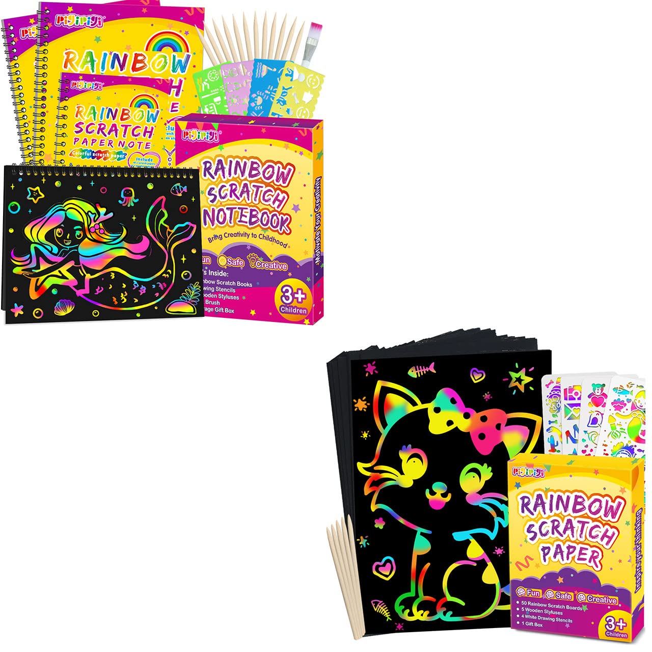 pigipigi 59 Pcs Rainbow Magic Scratch Off Art Crafts & 3 Pack Upgraded Rainbow Scratch Paper Notebook Black Magic Color Drawing Supplies Toy Set for 3-12 Year Old Boys Girls