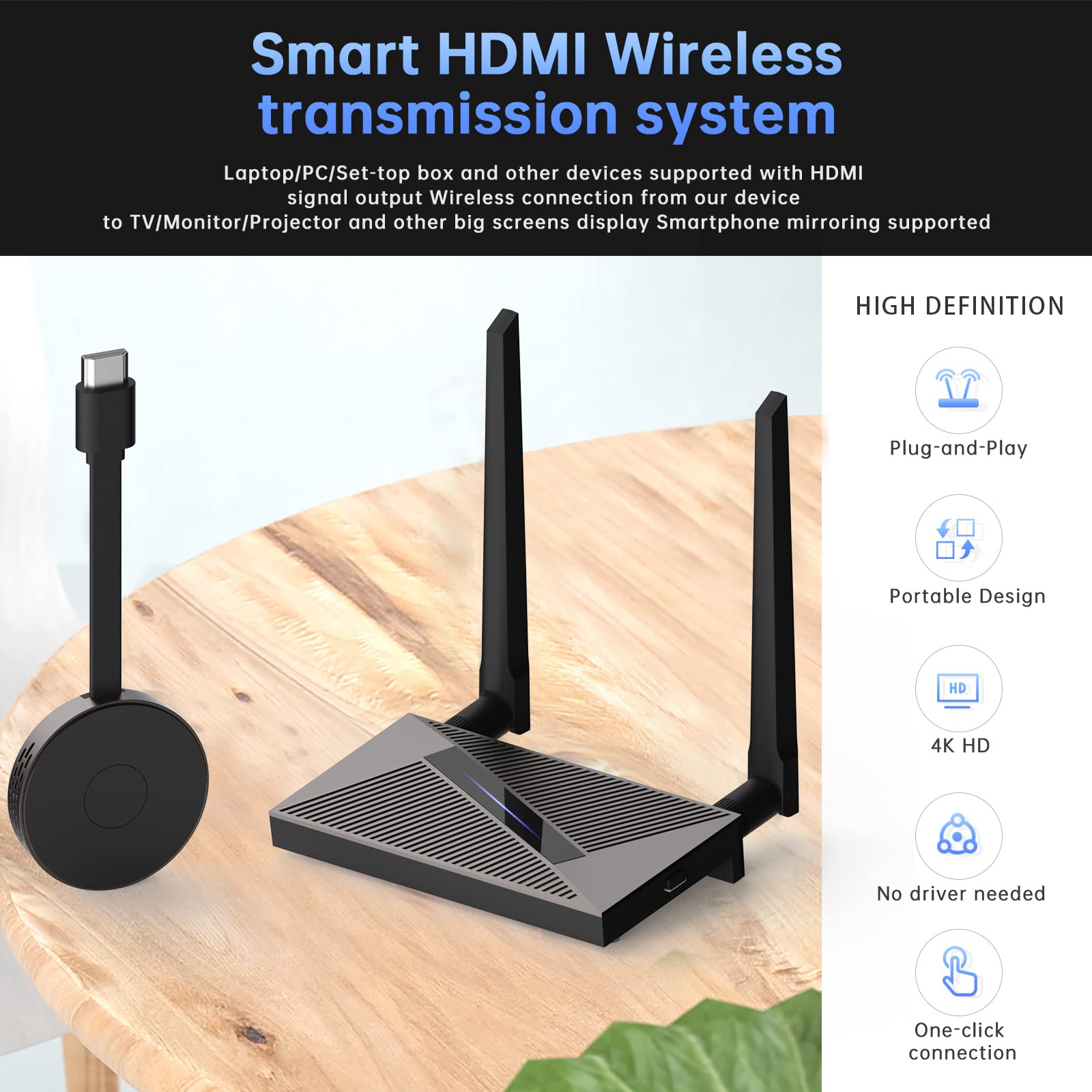Renkchip Wireless HDMI Transmitter and Receiver, 1080P/60Hz Output with VGA/HDMI Interface, for Streaming Video/Audio to HDTV/Projector,No Drive Required(Black)