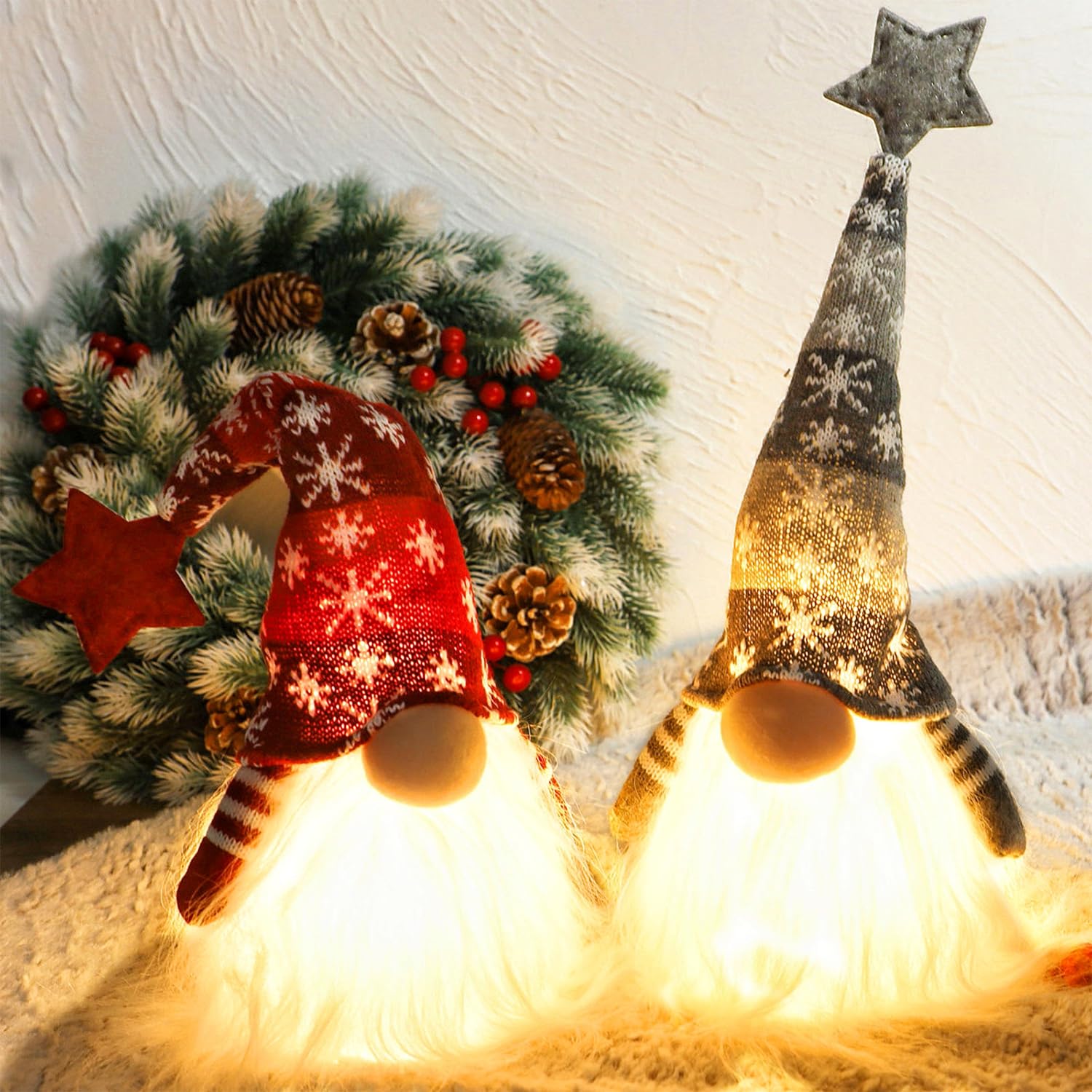 Juegoal 15" Lighted Christmas Gnome, Handmade Plush Scandinavian Swedish Tomte, Light Up Elf Toy Holiday Present, Battery Operated Winter Tabletop Christmas Decorations, 2 Set