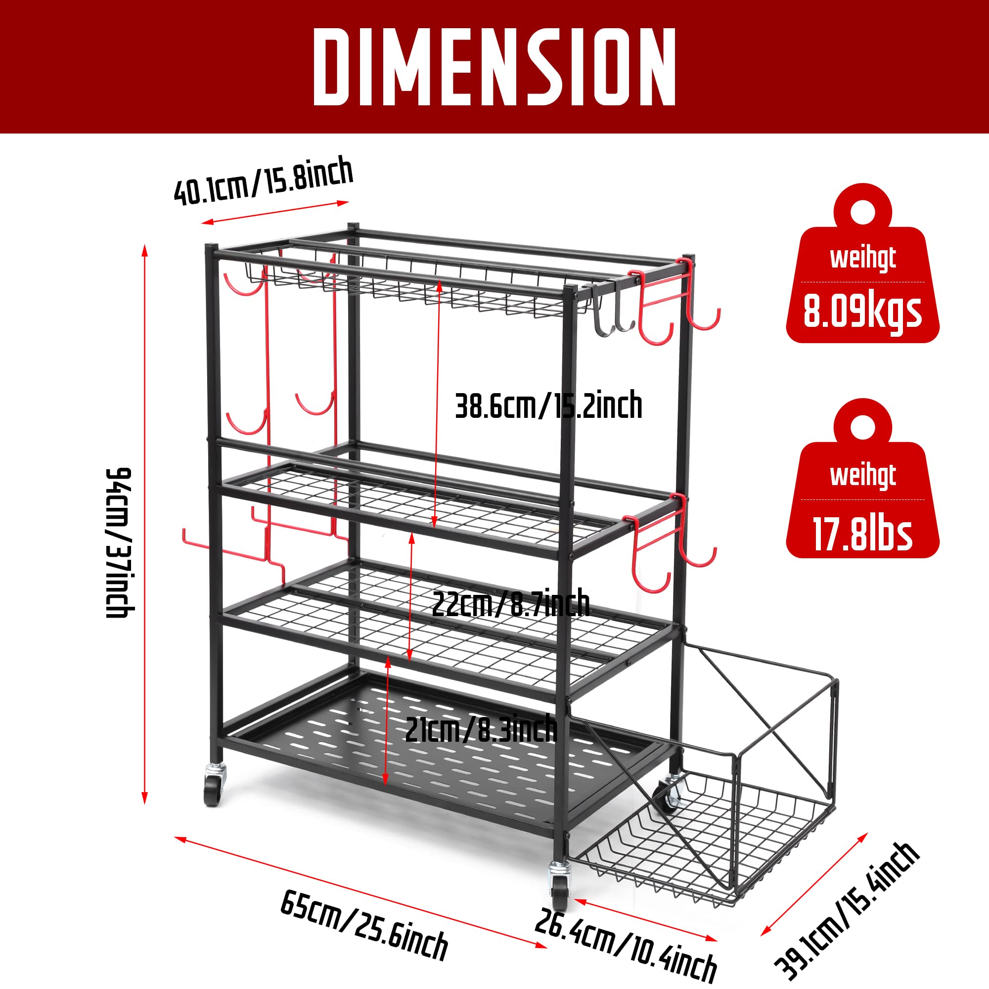 Nice C Outdoor Toy Storage, Garage Organization, Sports Equipment Organizer, Rolling Garage Storage System, Ball Storage Rack, Yoga Mat Storage with Hooks and Basket (4-Layer)