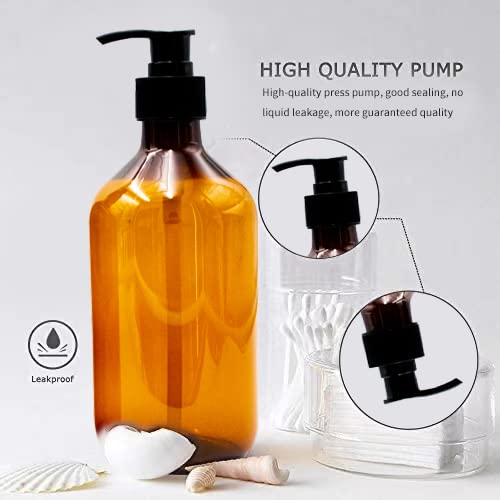 Pump Dispensers 2pack Large, 16 oz, Empty, Amber Plastic Bottles with Black Lotion Pumps Empty Plastic Refillable Lotion Soap Shampoo Bottles Dispenser