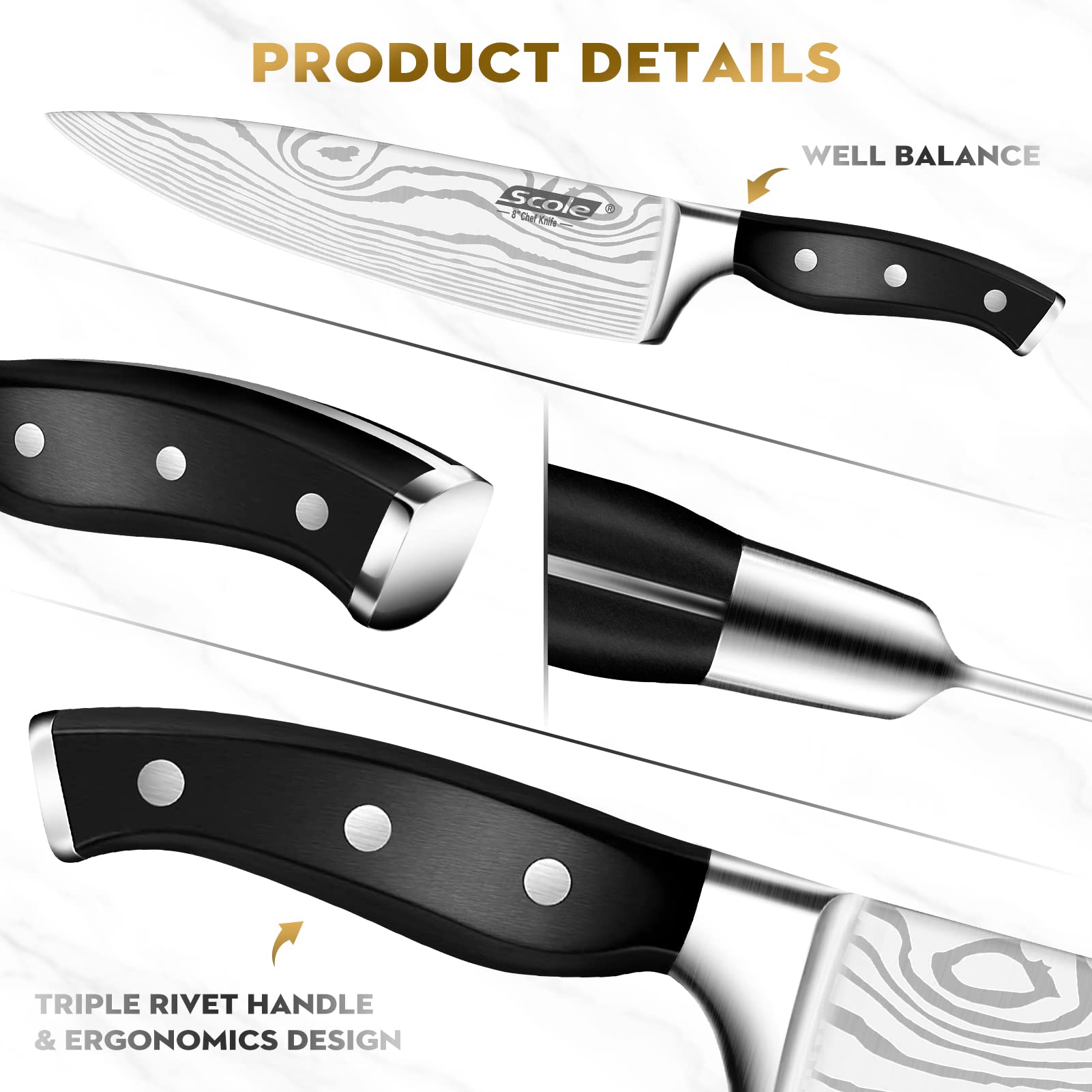 SCOLE® Chef Knife Bundle - Razor Sharp Chefs Knife 8 Inch VG-10 Super Damascus Steel (Natural Pakka Wood Handle) + Ultra Sharp Kitchen Knife Set 7-Piece (Triple Rivet Handle) (2 Items Bundle)