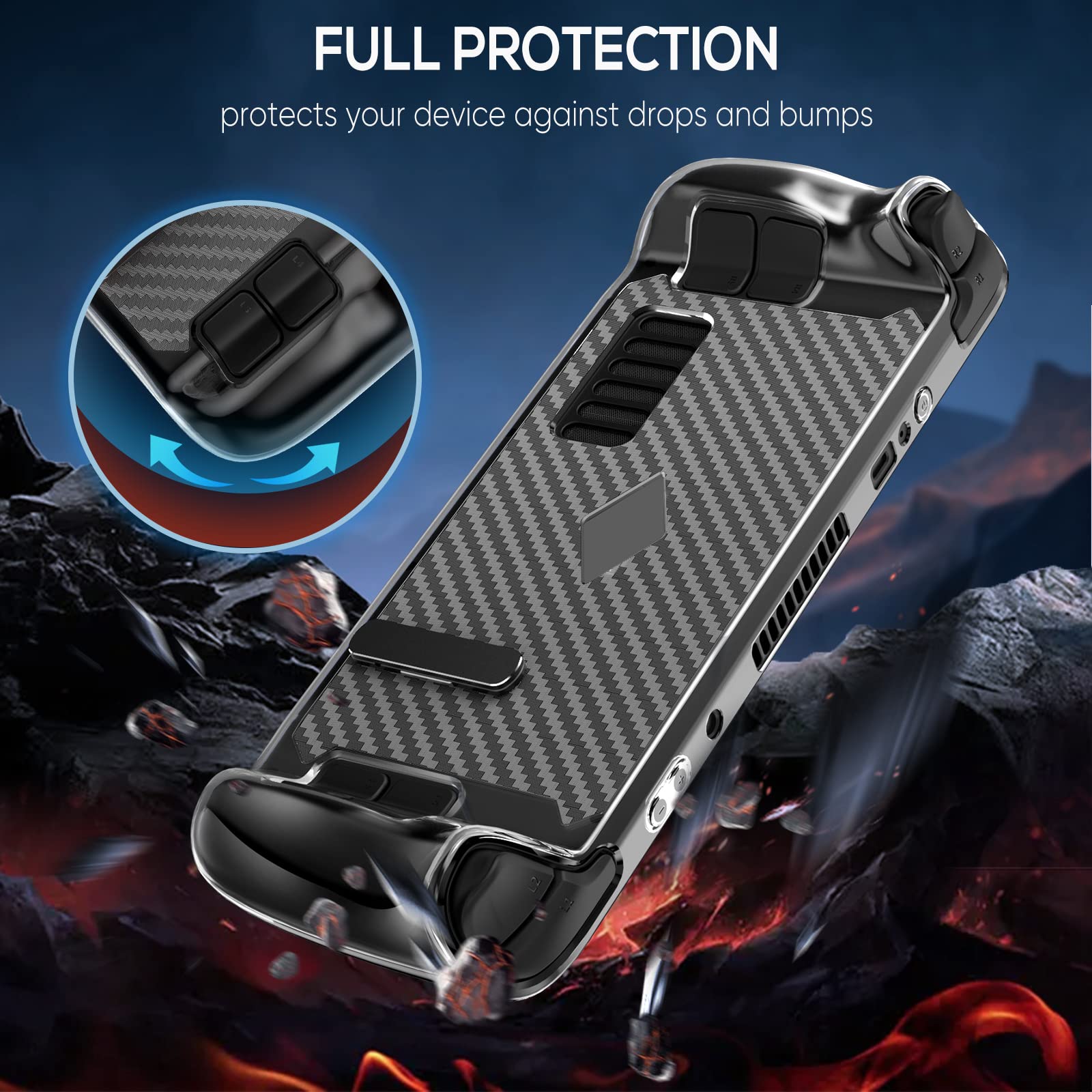 Protective Case for Steam Deck, YUANHOT Soft TPU Cover Protector Accessories Kit with Alloy Adjustable Stand, Screen Protector, Thumb Grips for Steam Deck