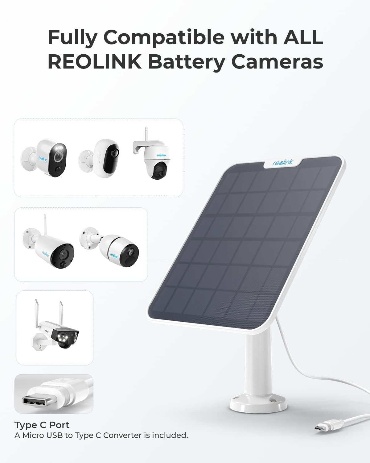 REOLINK 6W Solar Panel White, Non-Stop Solar Power Supply for All Wireless Battery Camera, Trackmix/Argus PT/Go PT Ultra, Waterproof, Adjustable Mount, 4 Meters Cable(Only Use for Battery Cameras)