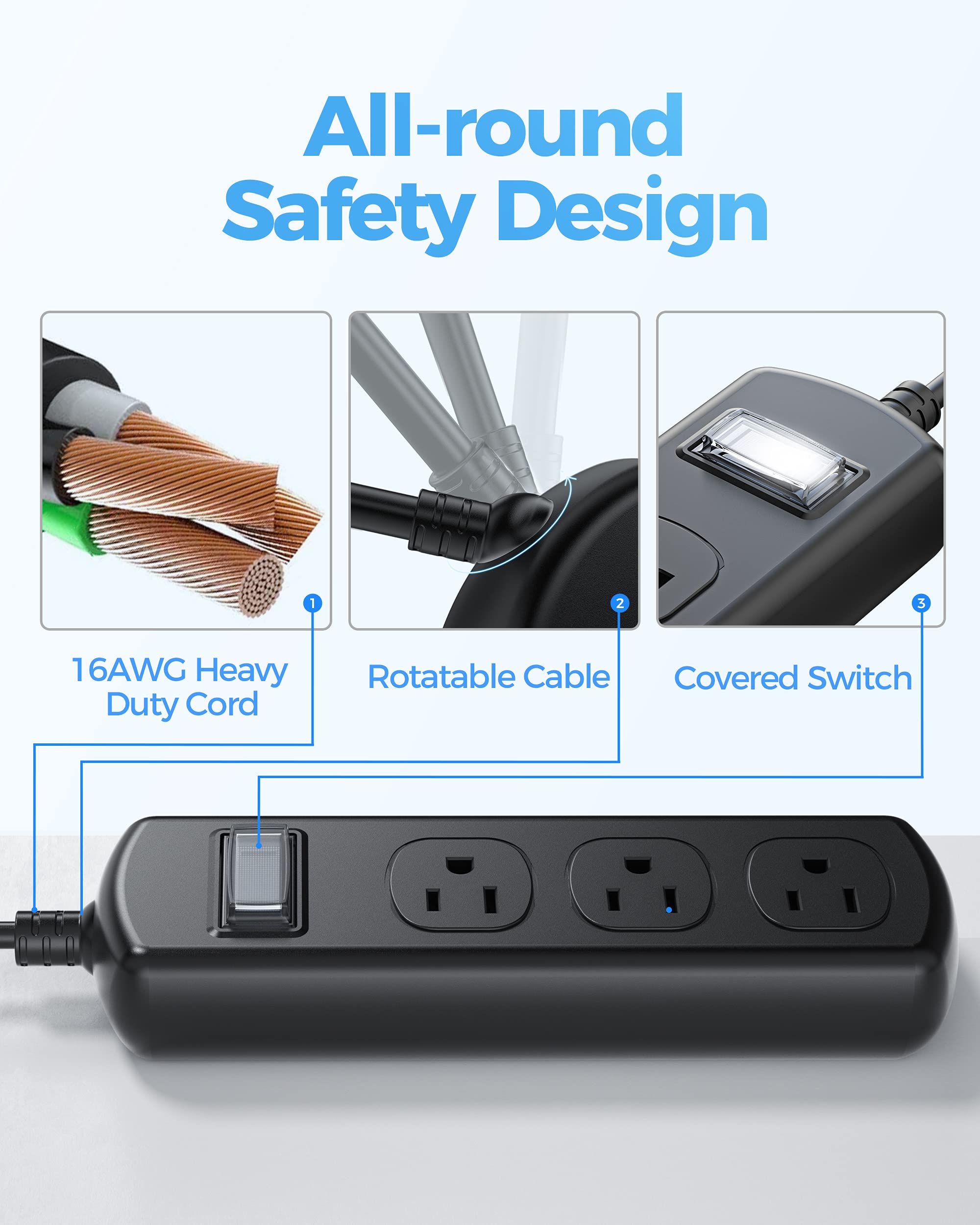 Outdoor Power Strip Weatherproof, 6 FT Extension Cord, Waterproof Surge Protector with 3 Wide Outlets, 1875W Overload Protection, Shockproof Outlet Extender for Kitchen Patio Christmas Lights, Black