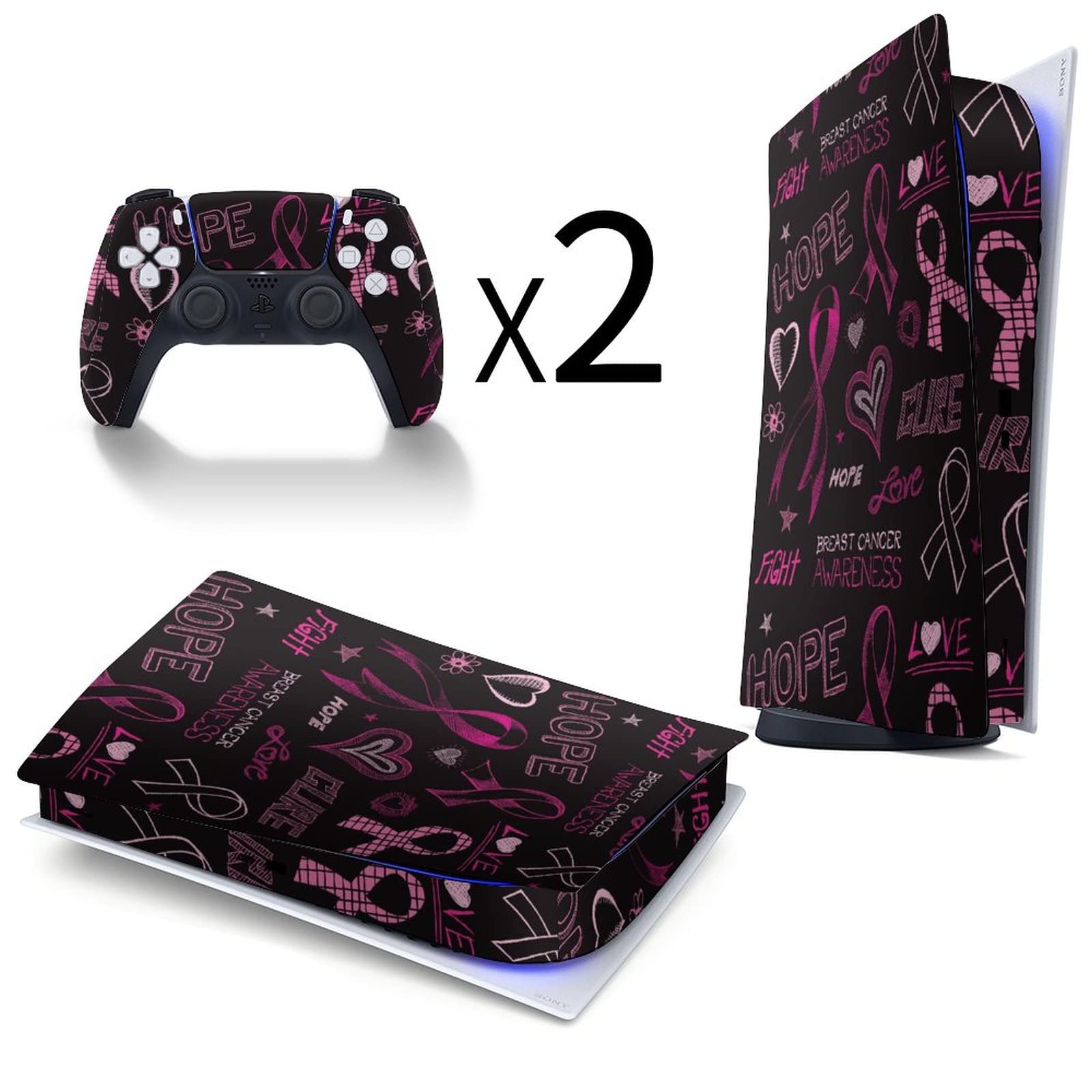 Pink Ribbon Breast Cancer Awareness 3pcs Whole Body Decal Cover Sticker for PS5 Digital Edition for PS5 Console and Controller
