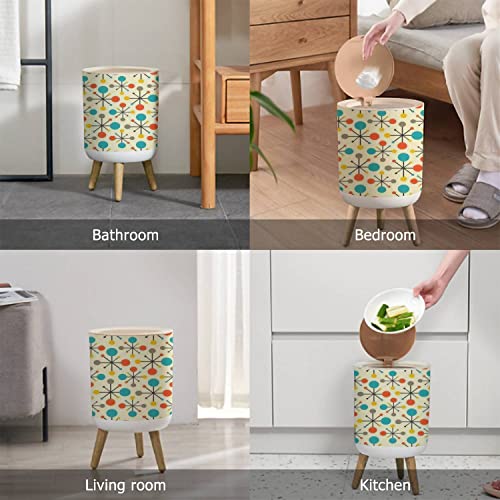 Small Trash Can with Lid Mid century fifties modern atomic retro colors seamless Part of Wood Legs Press Cover Garbage Bin Round Simple Human Waste Bin Wastebasket for Kitchen Bathroom Office
