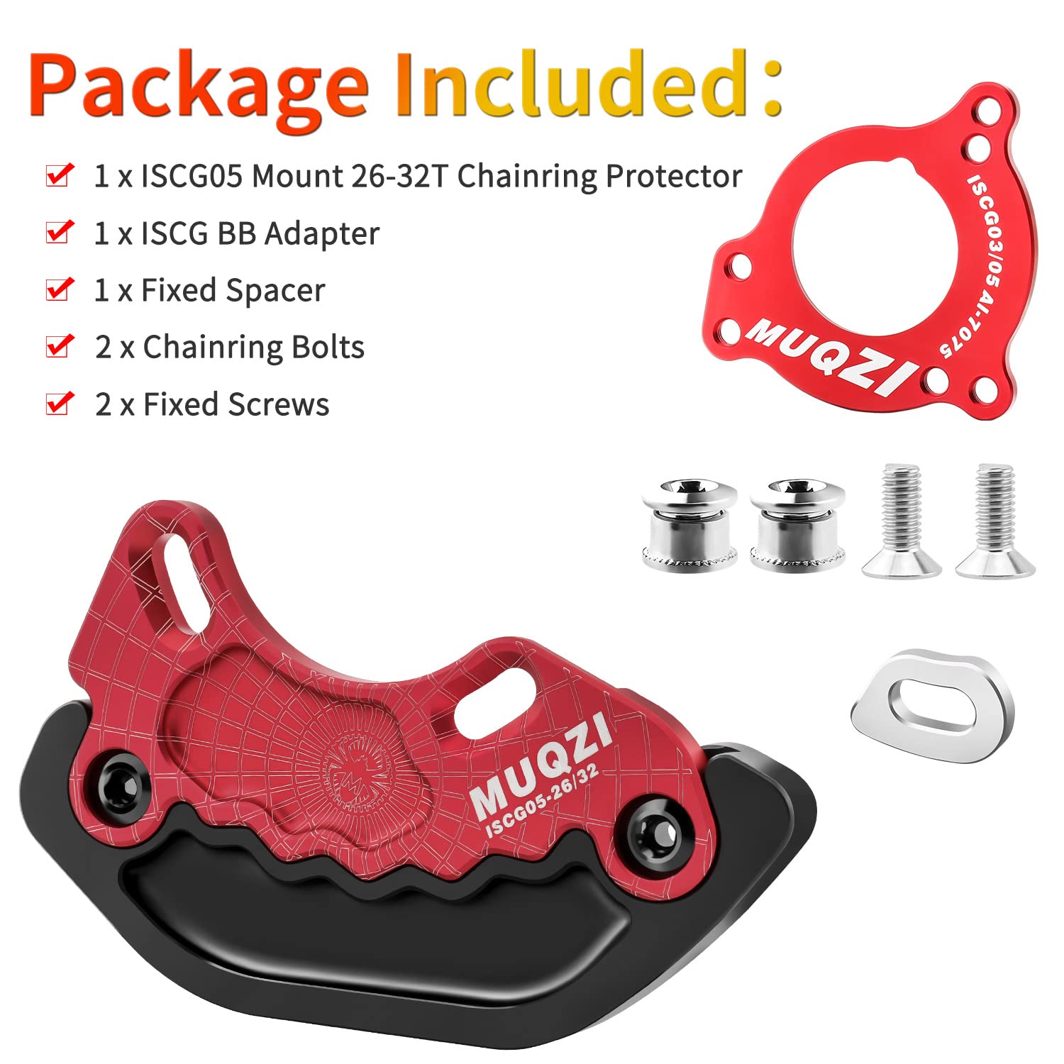 MUQZI Bash Guard, ISCG 03 Mountain Bike Chainring Protector BSA Adapter Included 26-32T, Red