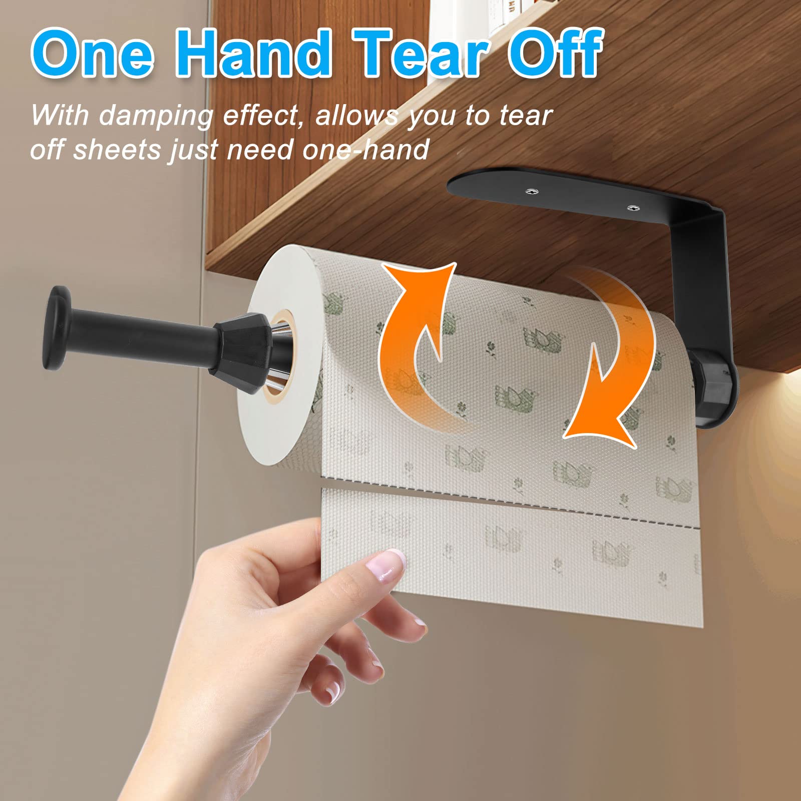 Paper Towel Holder Under Cabinet, Biupky Single Hand Operable Adhesive Paper Towel Holder Wall Mount with Damping Effect Stainless Steel Paper Towel Rack for Kitchen Bathroom