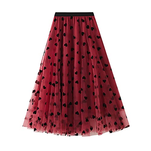 Night Women Elegant Lace Skirt Medium and Long Tulle High Elastic Waist A Line Love Prints Beach for Special Occasion Red