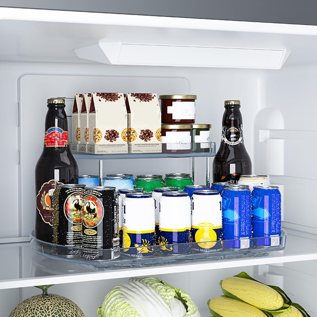 LIECHO Double-Deck Clear Rectangular Turntable Organizer for Refrigerator,Lazy Susan Spinning Food Storage Container for Spices,Condiments, Beer Beverage ,16.54 Inches