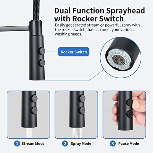 OYMOV RV Kitchen Faucet w/Pull Down Sprayer - Single Handle High Arc Spring Kitchen Sink Faucet for 1 or 3 Hole, RVs, Fifth Wheels, Motor Homes, Travel Trailers, Campers, Boats, Matte Black